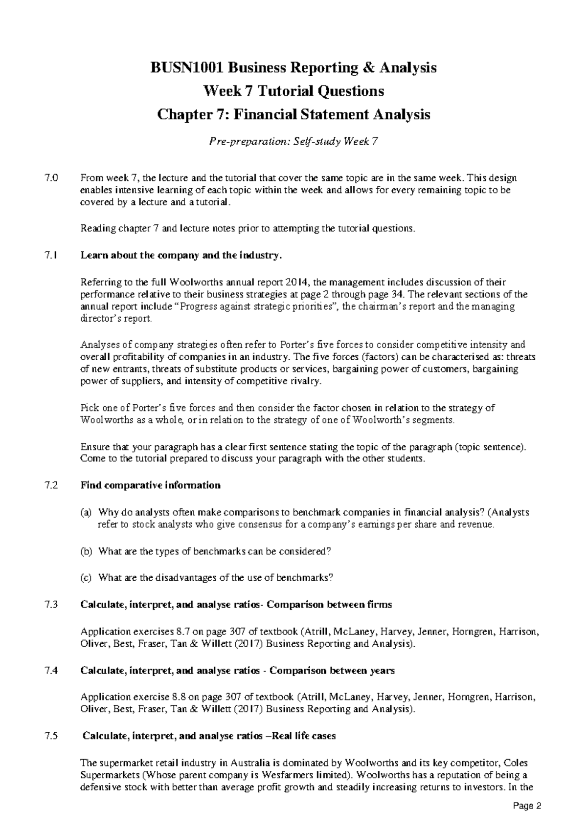 Week 7 Tutorial Questions - BUSN1001 Business Reporting Analysis Week 7 Tutorial Questions ...