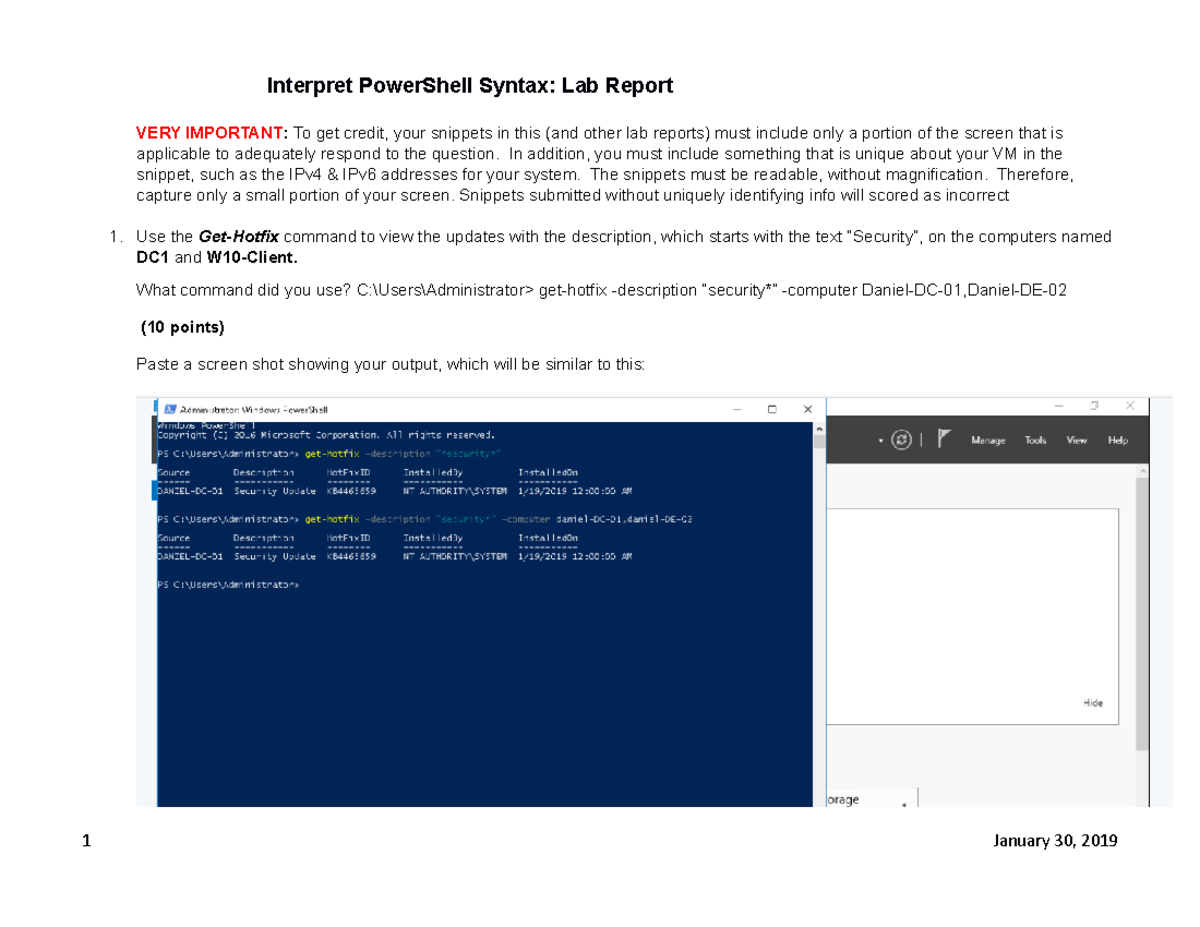 1.9 in work - Assignment 1.9 - Interpret PowerShell Syntax: Lab Report VERY IMPORTANT: To get ...