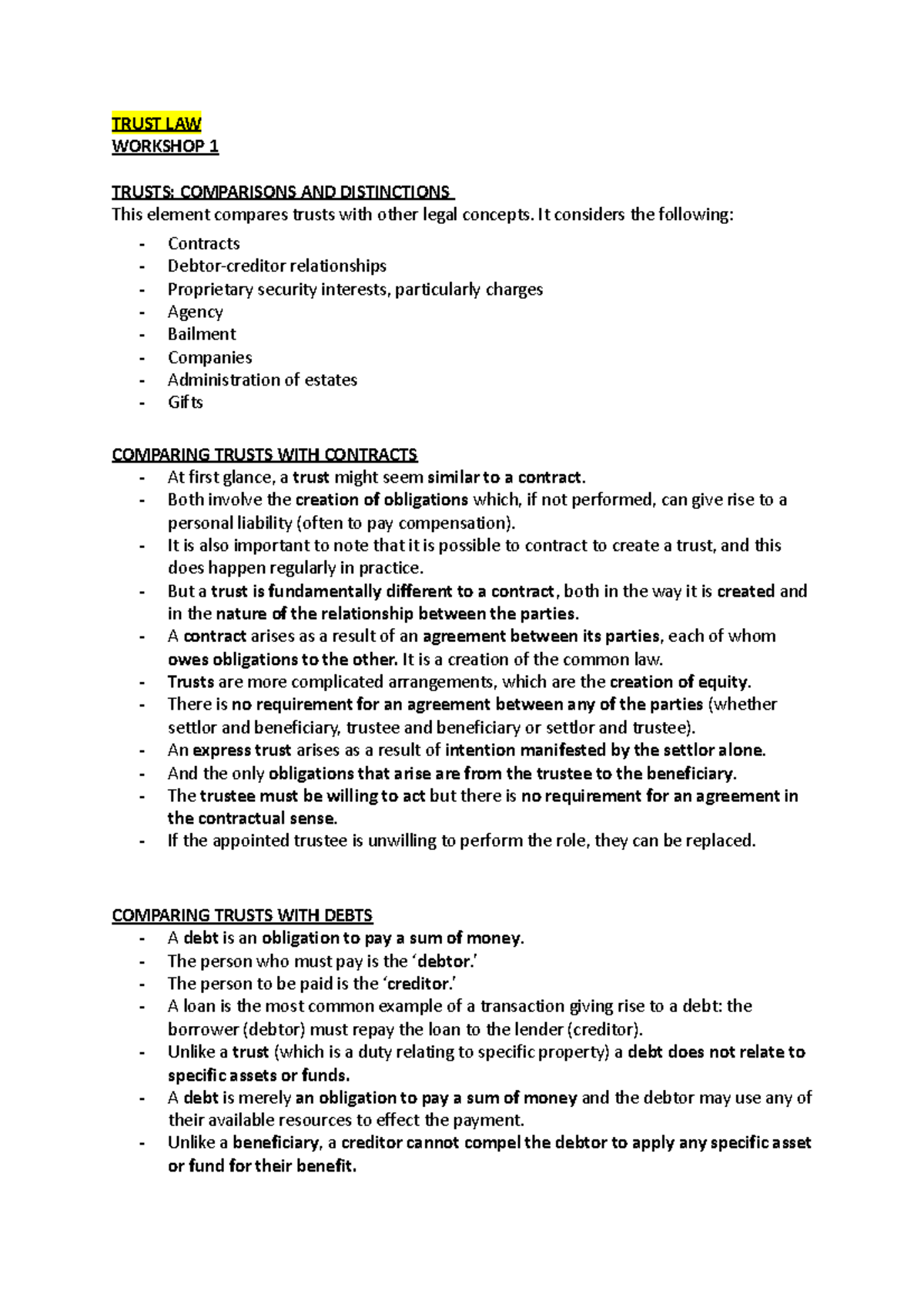 Trusts- Comparisons AND Distinctions - TRUST LAW WORKSHOP 1 TRUSTS ...
