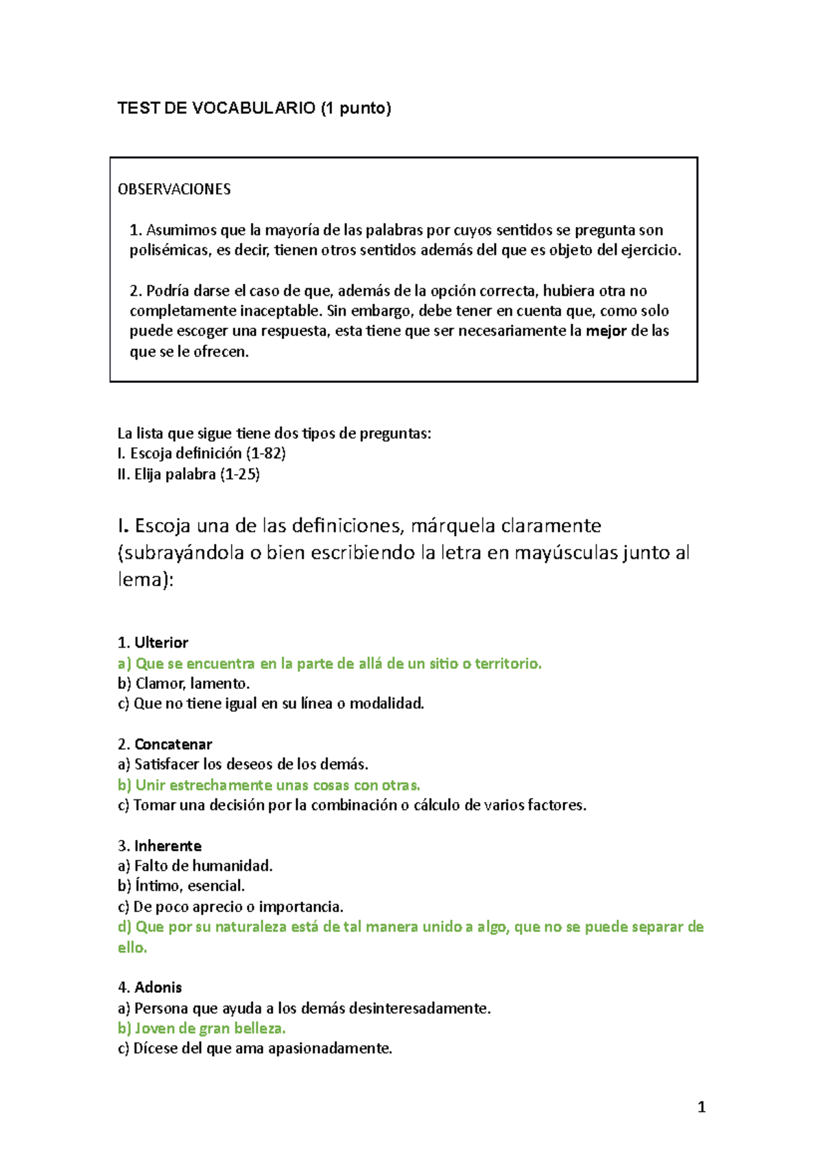 0. TEST DE Vocabulario - TEST DE VOCABULARIO (1 punto) OBSERVACIONES ...
