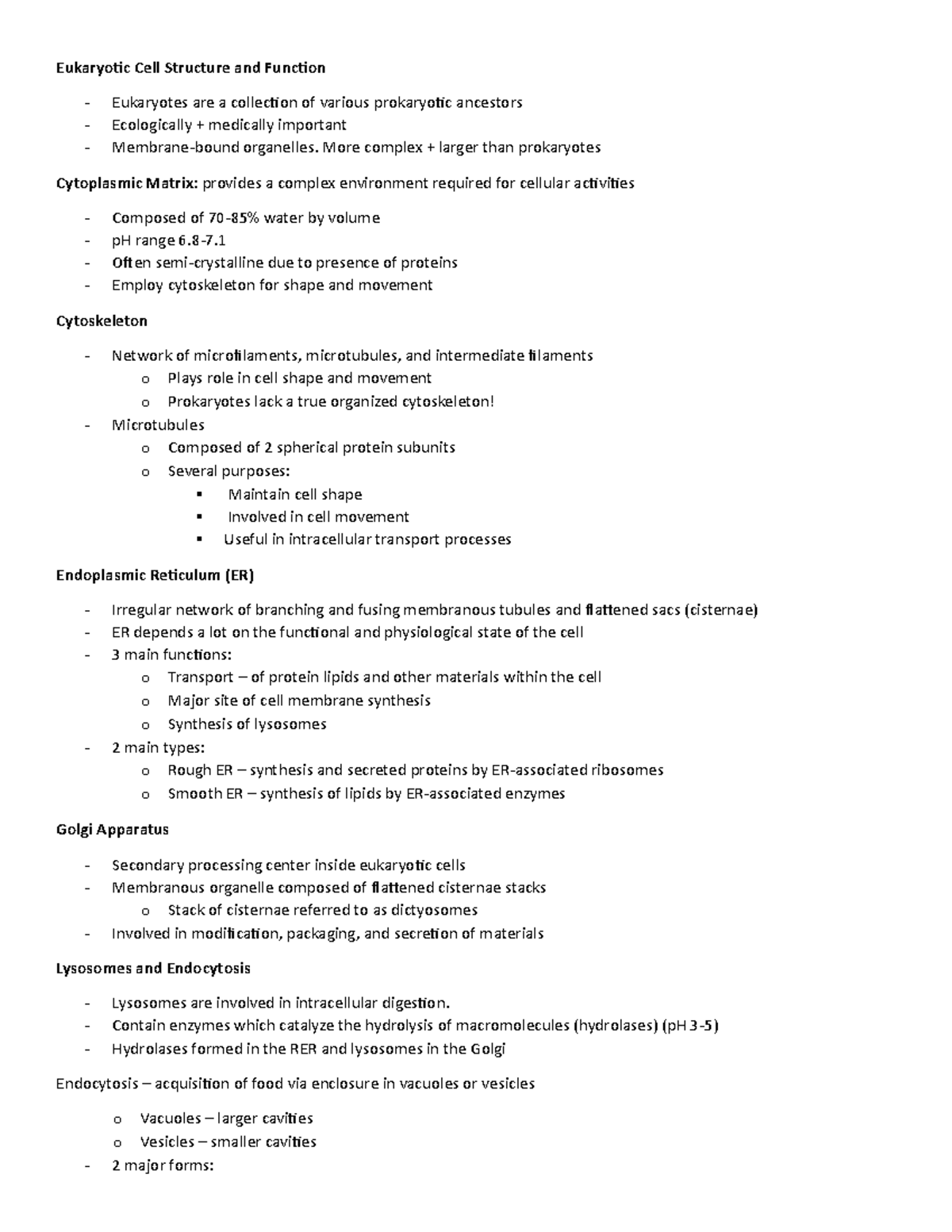 Test 1 study guide - Eukaryotic cells - Eukaryotic Cell Structure and ...