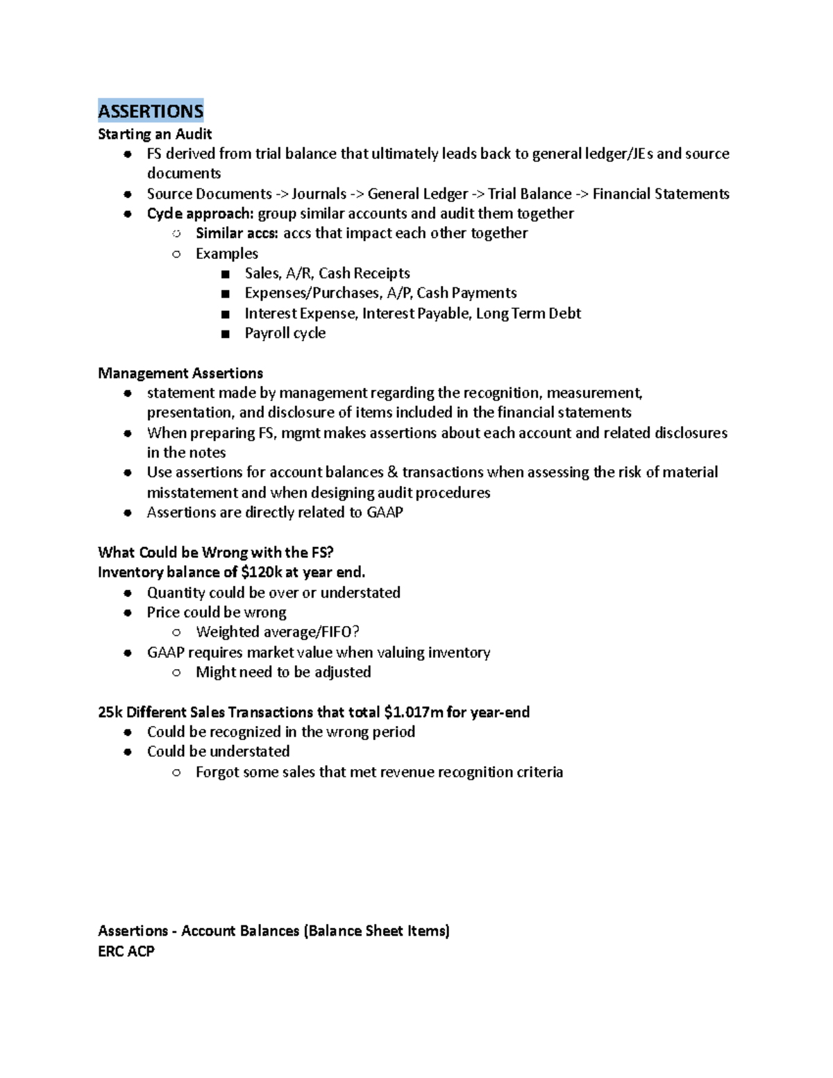 Assertions - midterm notes - ASSERTIONS Starting an Audit FS derived ...