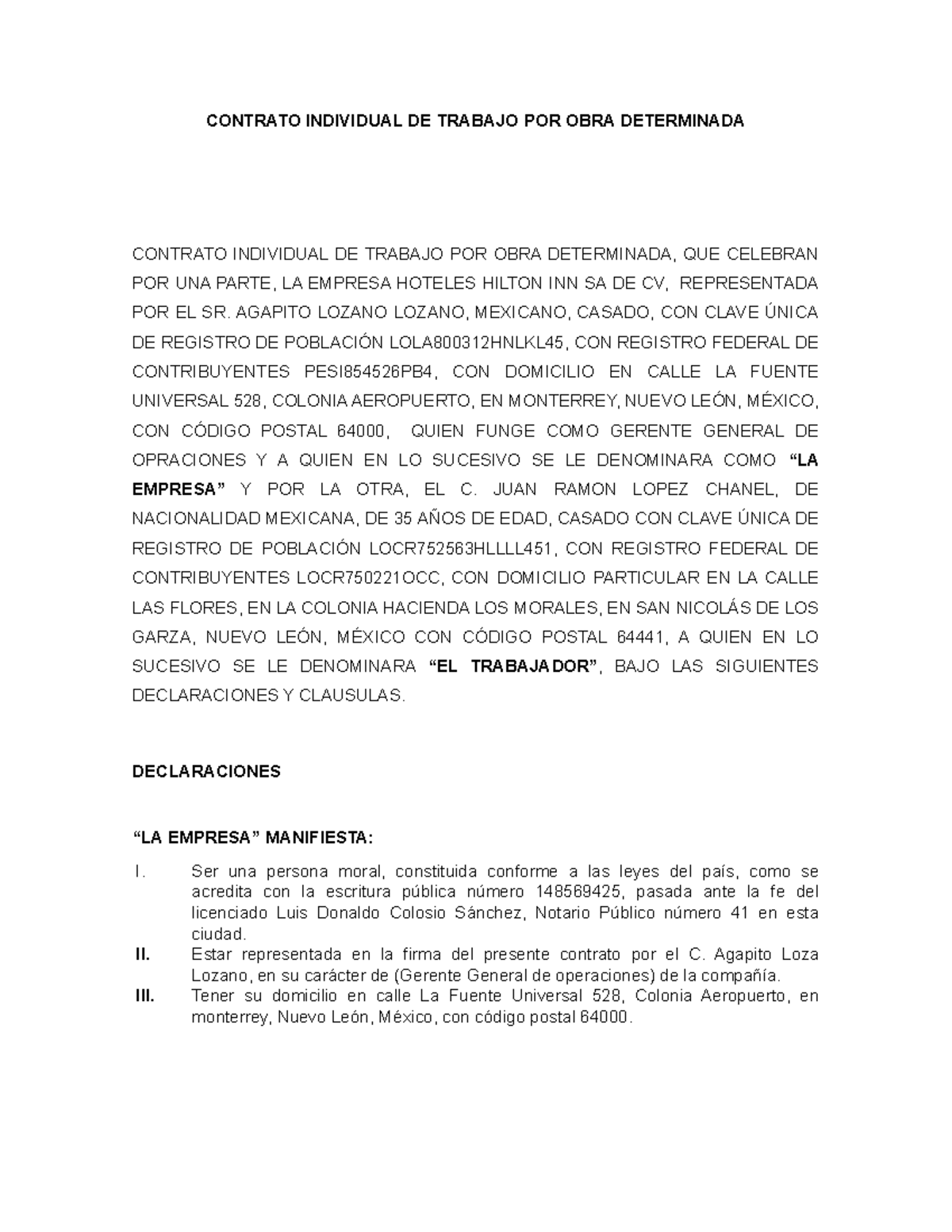 Contrato Individual DE Trabajo POR OBRA Determinada - CONTRATO INDIVIDUAL DE TRABAJO POR OBRA ...