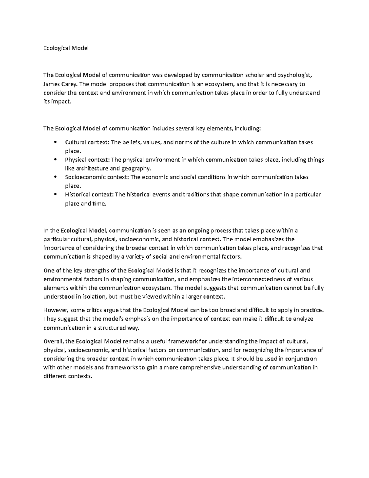 Ecological Model - The model proposes that communication is an ...