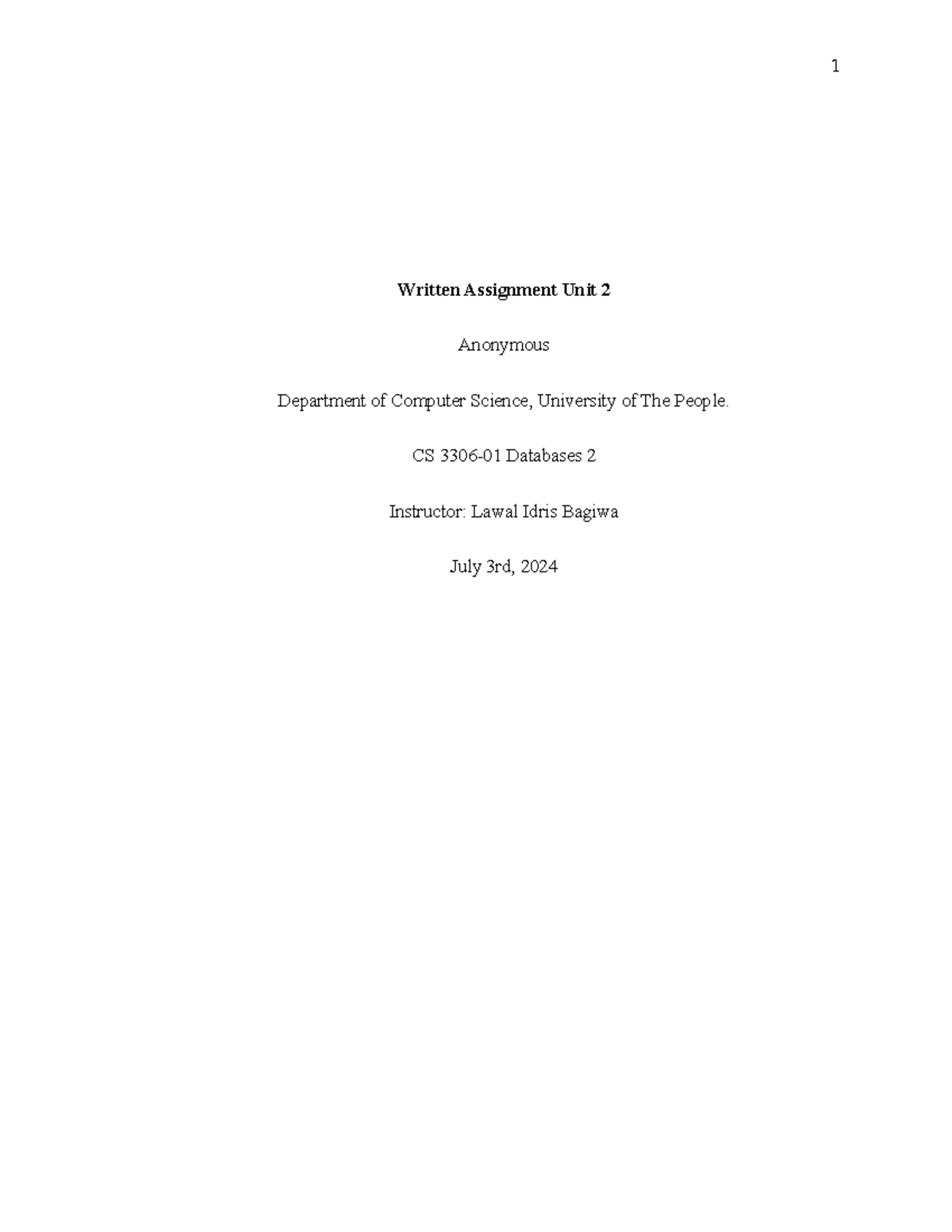 Database Written Assignment 2 Written Assignment Unit 2 Anonymous Department Of Computer