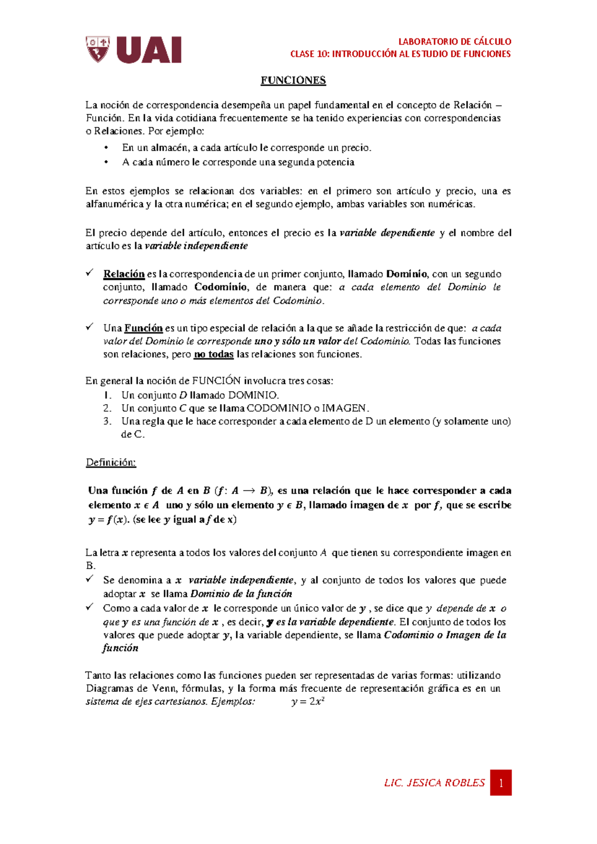 Introducción AL Estudio DE Funciones - LABORATORIO DE CÁLCULO CLASE 10 ...