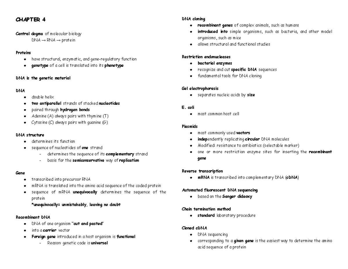 Harmening Chapter 4 notes - CHAPTER 4 Central dogmaDNA → of molecular ...