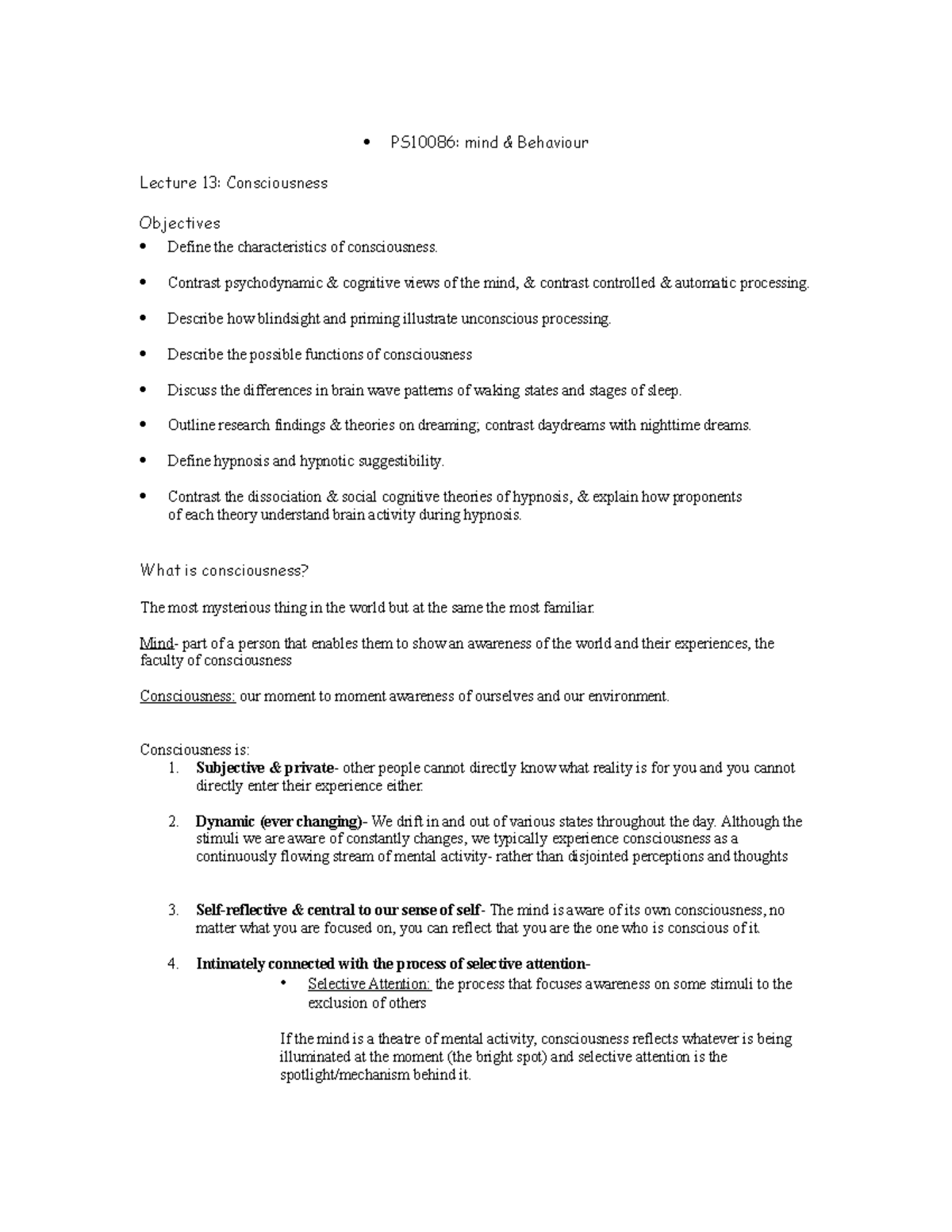 Introduction to consciousness - PS10086: mind & Behaviour Lecture 13: Consciousness - Studocu