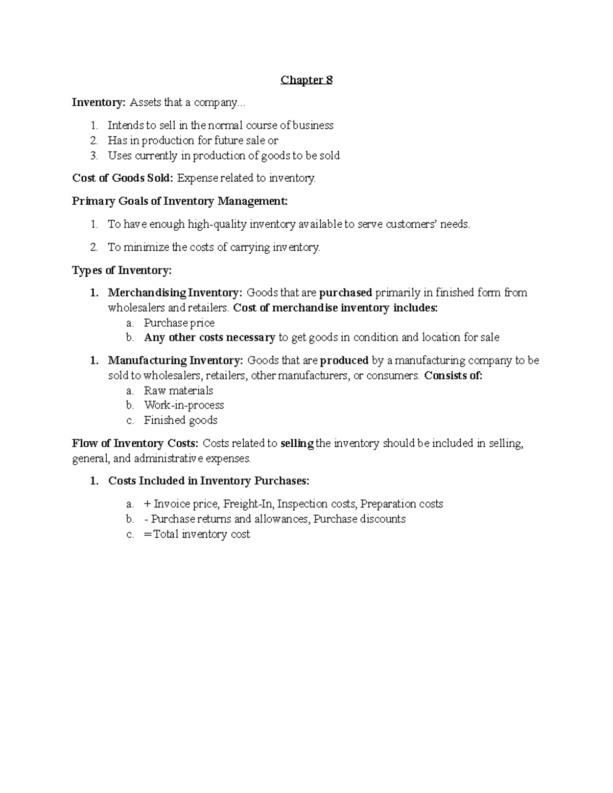 Chapter 8 Notes - Chapter 8 Inventory: Assets that a company... Intends ...