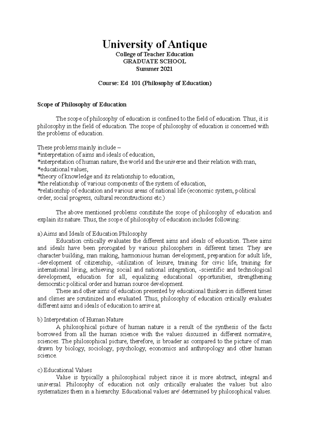 Scope of Philosophy of Education Handout M - University of Antique ...