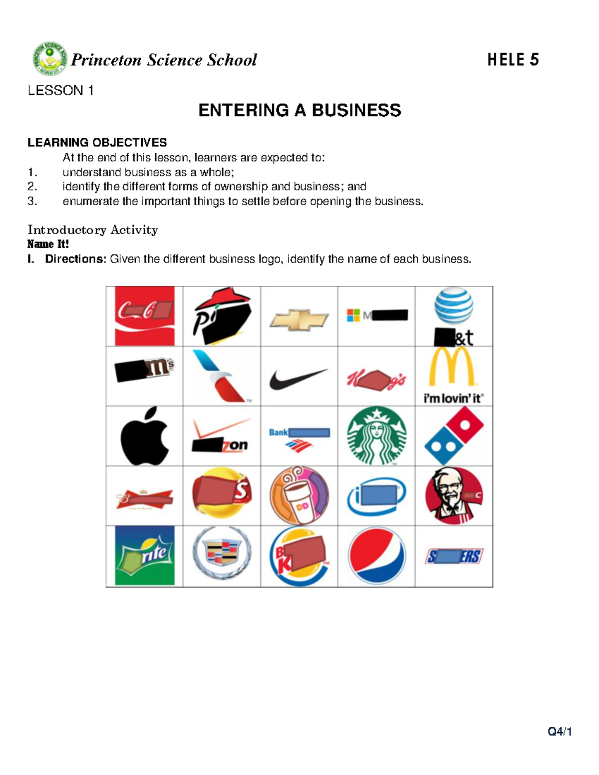 HELE 5 Lesson 1 - Lecture notes 1 - LESSON 1 ENTERING A BUSINESS ...