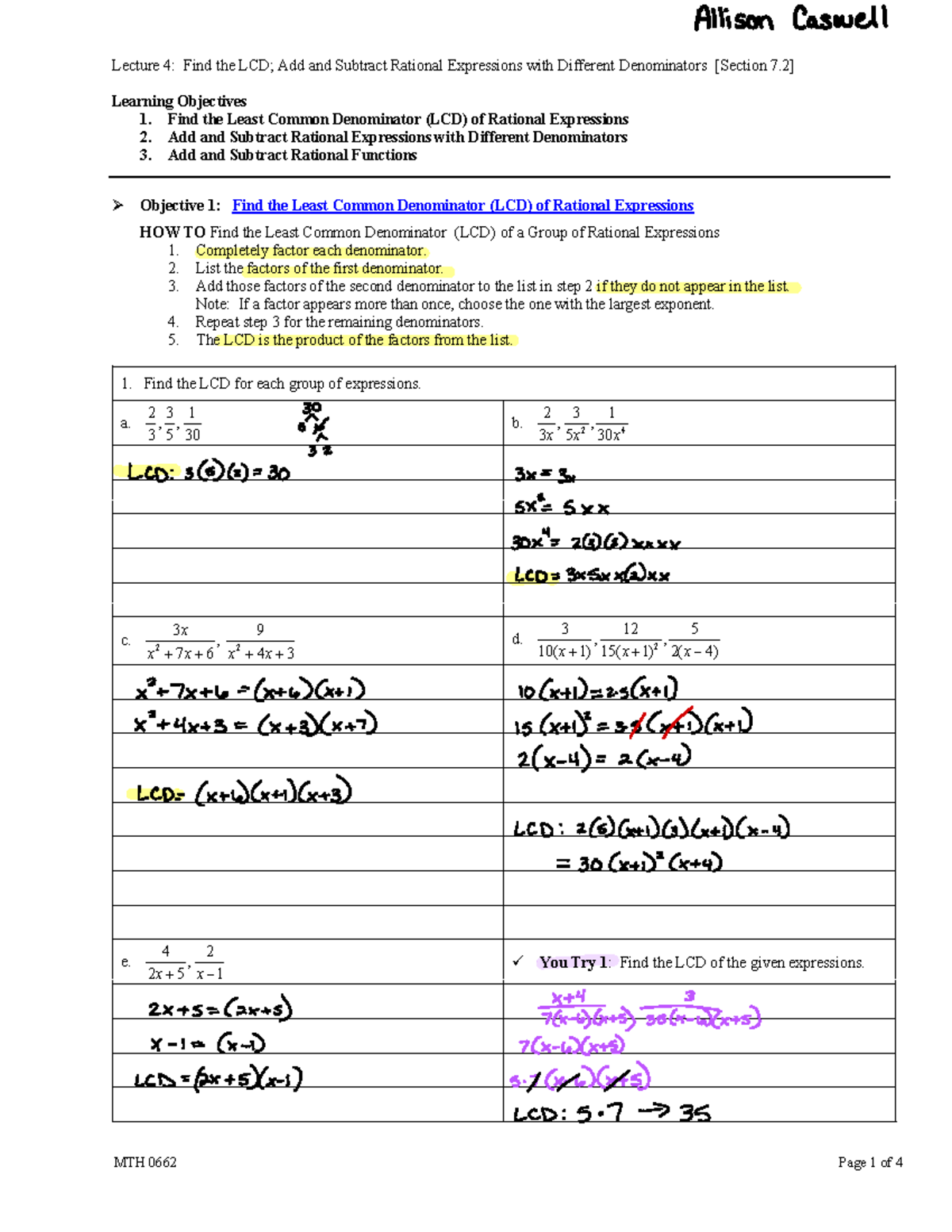 Lecture 4-Add and Subtract with Different Denominators - Lecture 4: Find the LCD; Add and ...