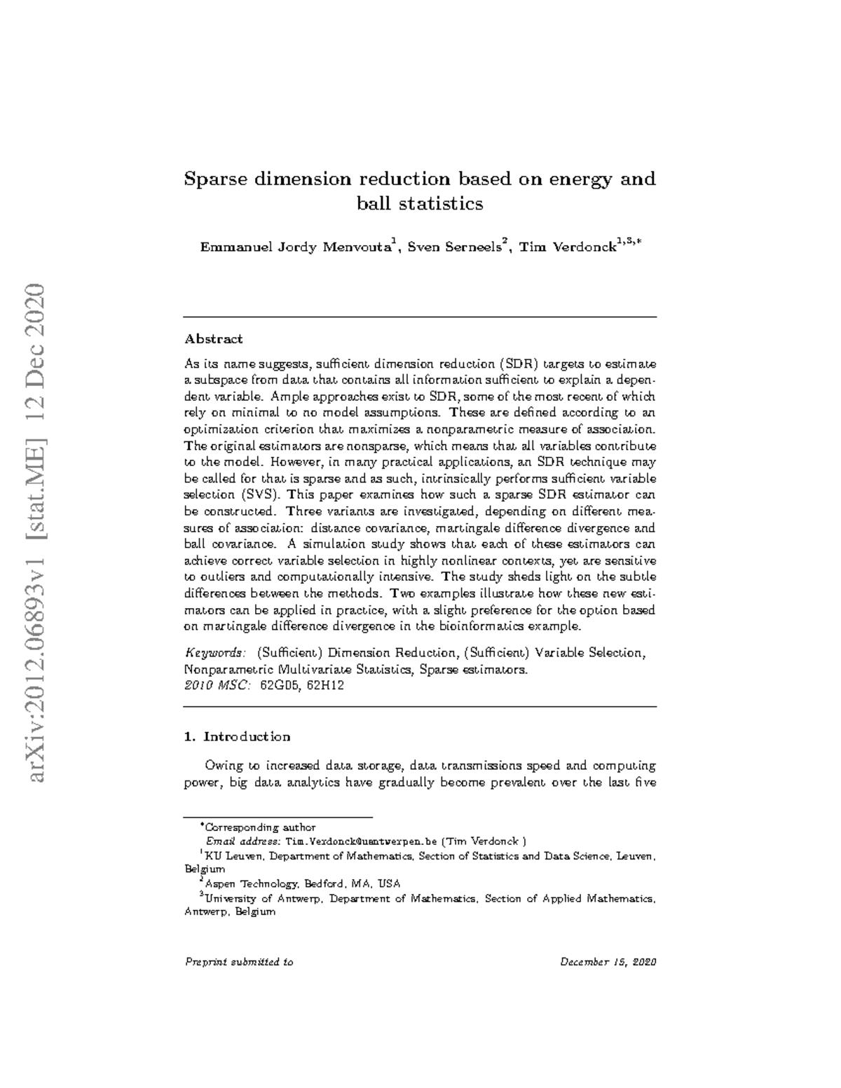 Sparse Dimension Reduction Based On Ener Ample Approaches Exist To
