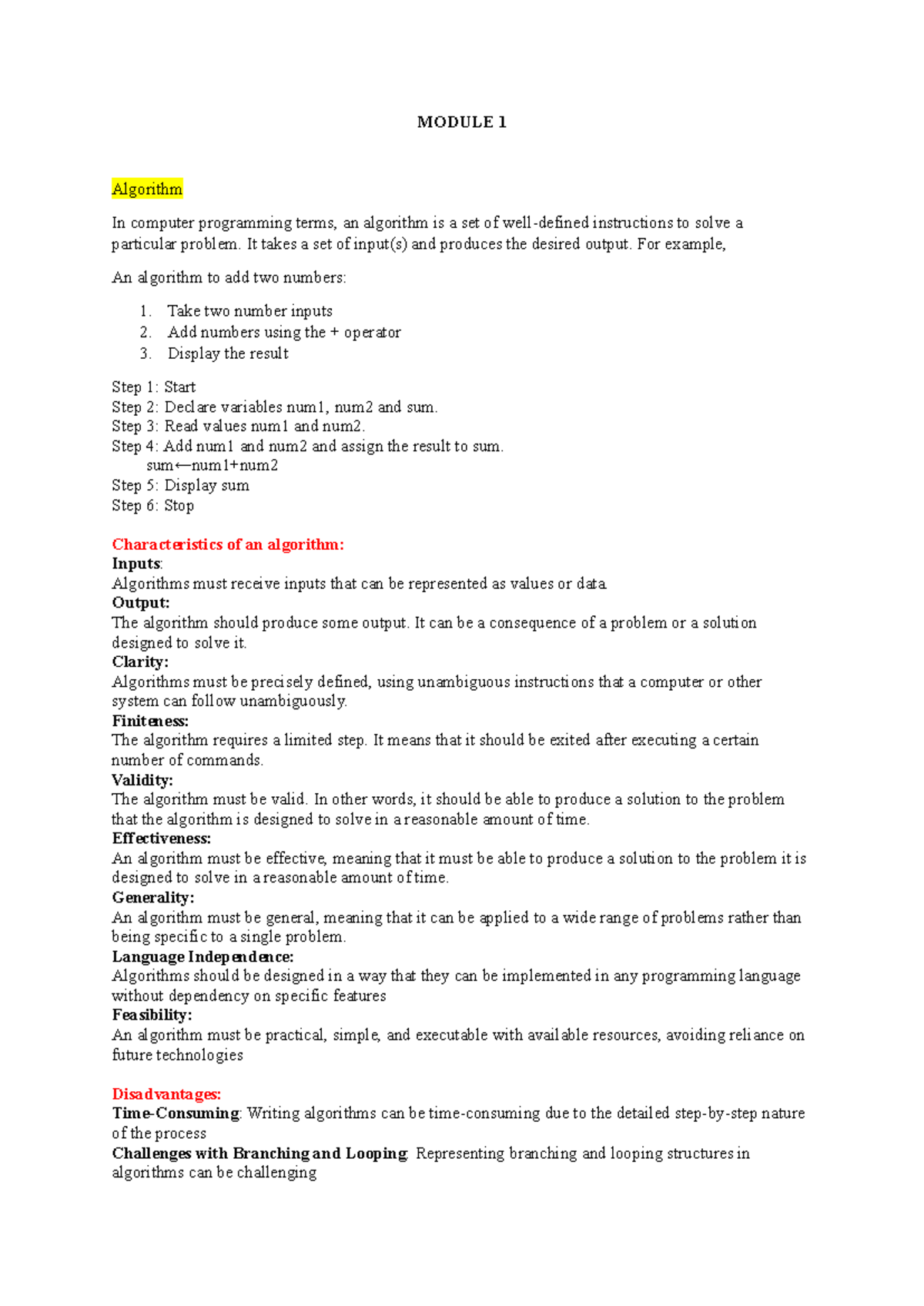 Module 1-1 - MODULE 1 Algorithm In computer programming terms, an ...