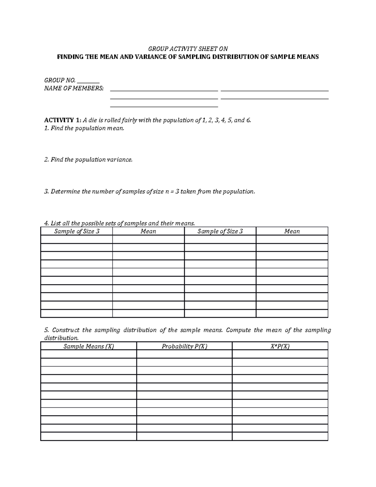 Group Activity Sheet ON STAT - GROUP ACTIVITY SHEET ON FINDING THE MEAN AND VARIANCE OF SAMPLING ...