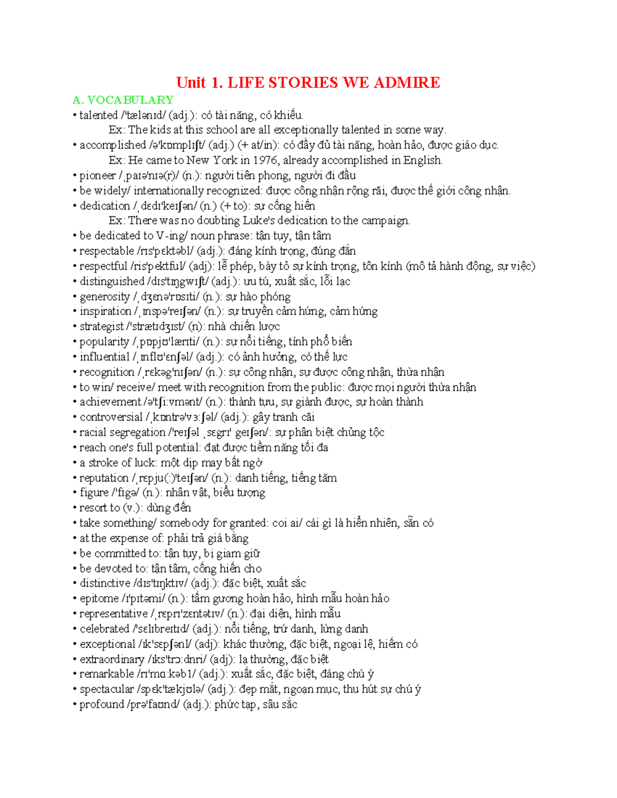 Unit 1 Life stories - Unit 1. LIFE STORIES WE ADMIRE A. VOCABULARY ...