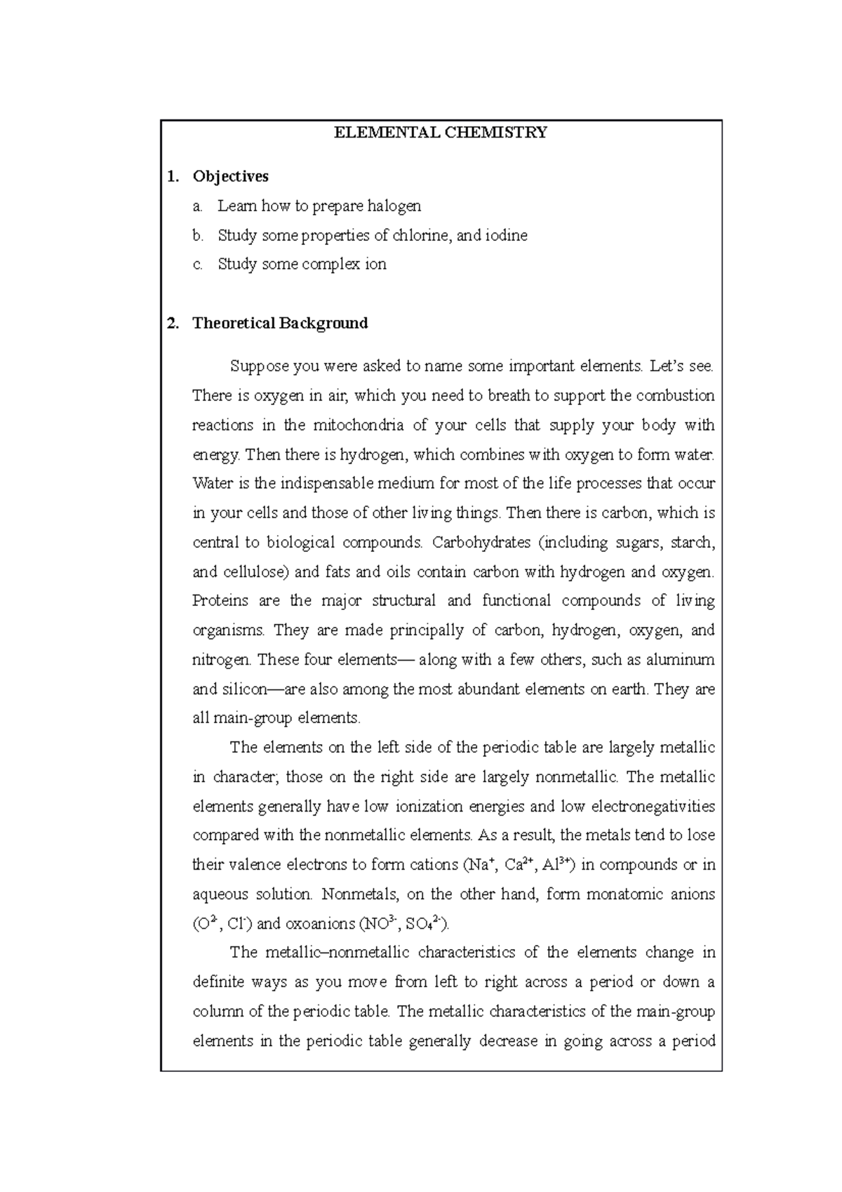(7) Elemental Chem - praktikum - ELEMENTAL CHEMISTRY Objectives a ...