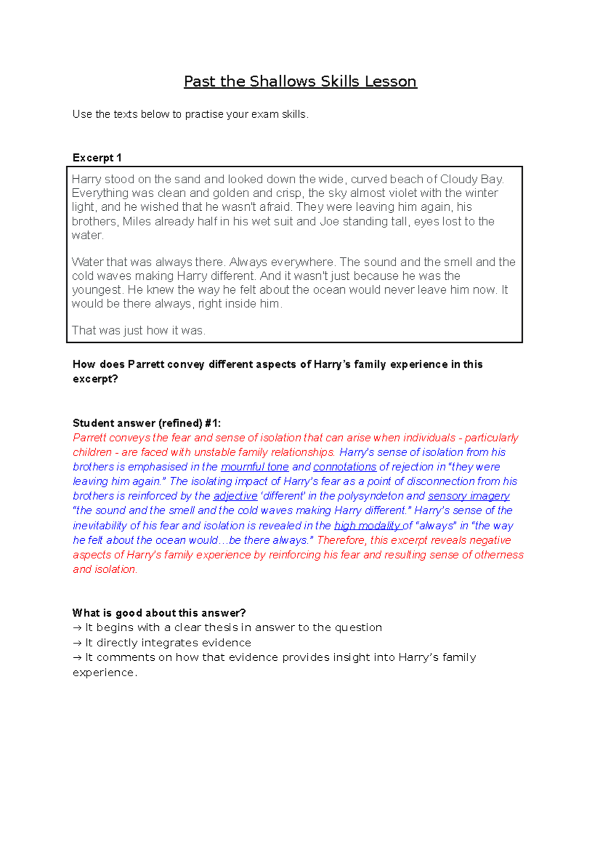 Sample student answers with comments - Past the Shallows Skills Lesson ...