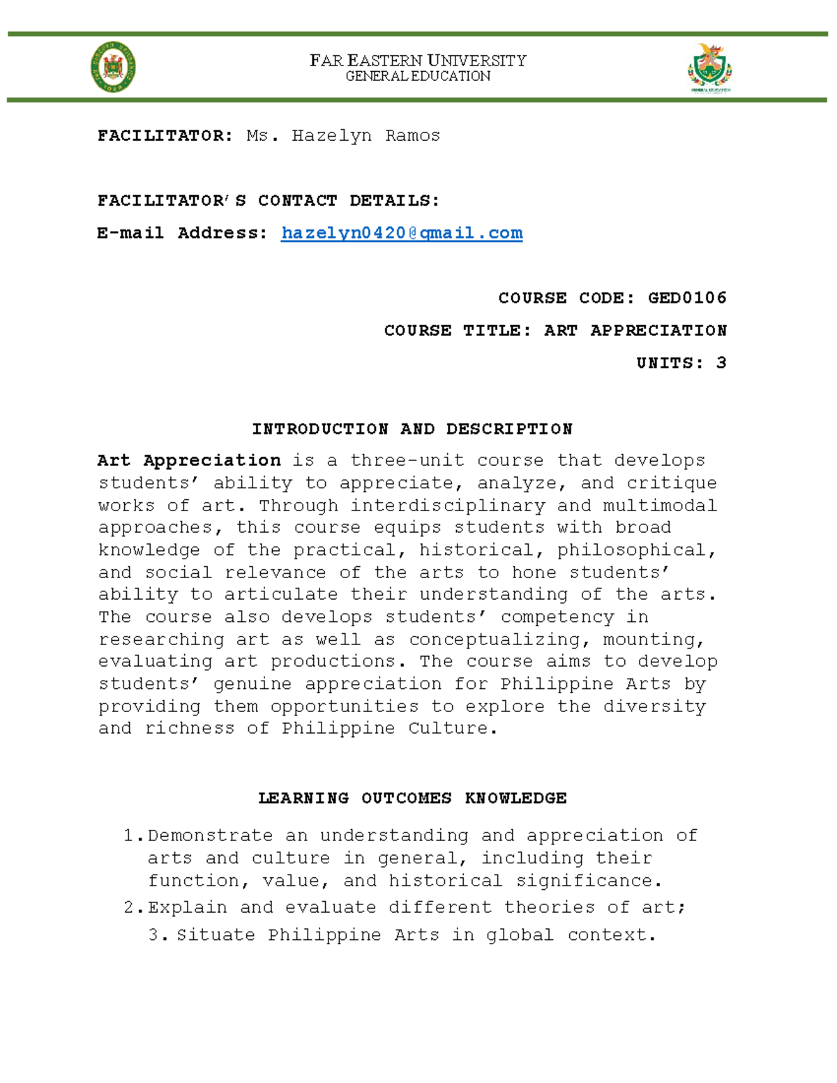 Course Syllabus in FEU - Arts Appreciation - FEU - Studocu