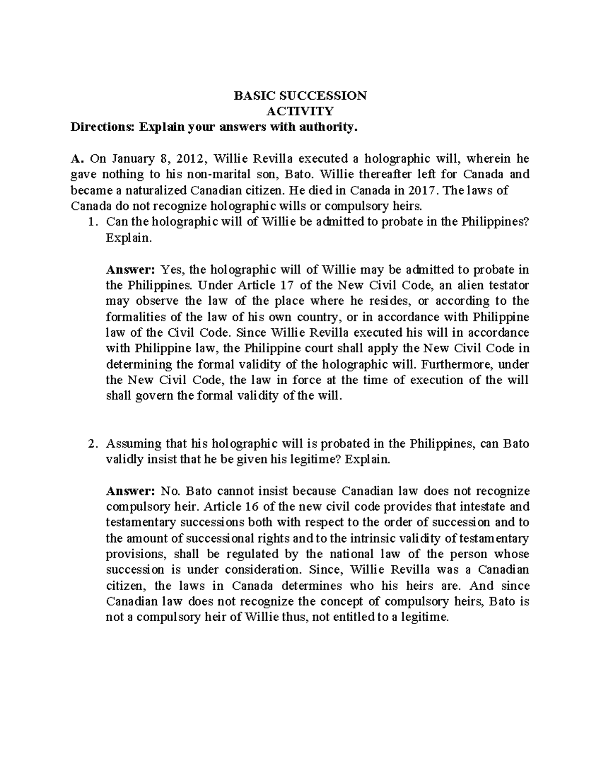 Succession-activity - BASIC SUCCESSION ACTIVITY Directions: Explain ...