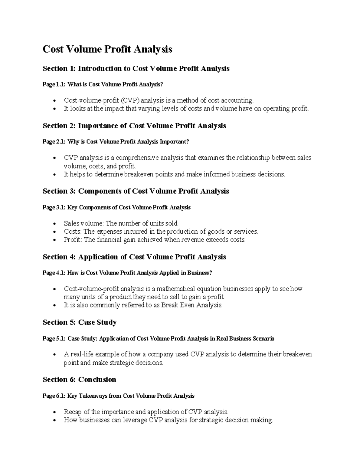 Cvp - note - Cost Volume Profit Analysis Section 1: Introduction to ...