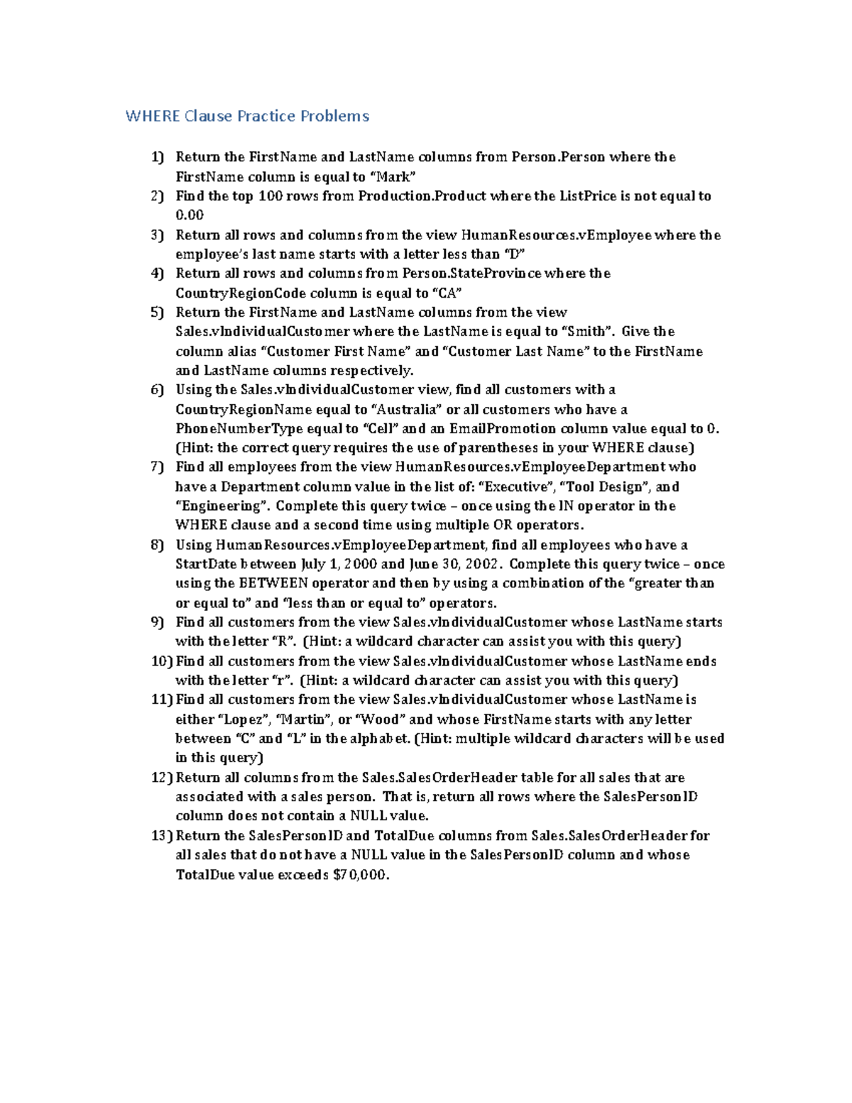 Where+Clause+Practice+Problems - WHERE Clause Practice Problems 1 ...