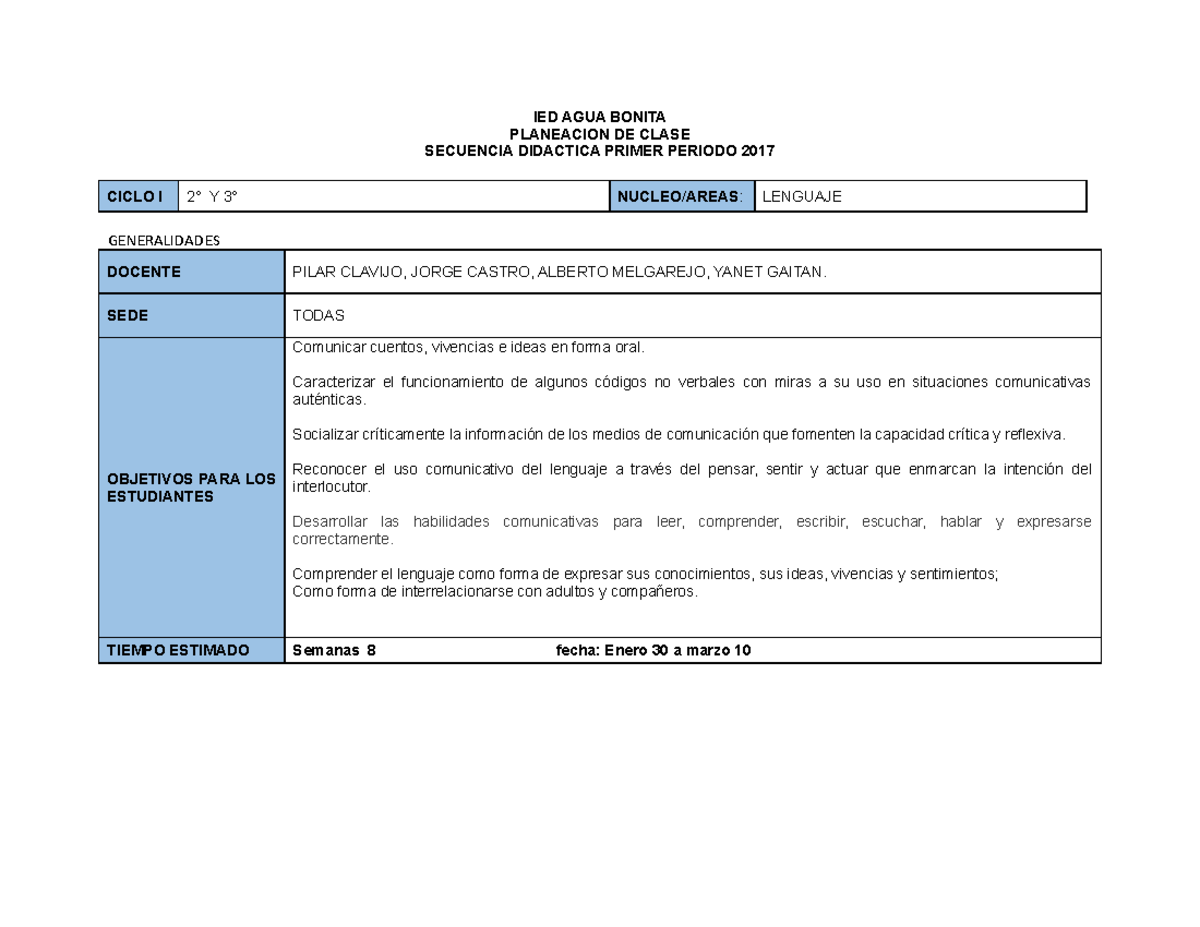Mallacurricularespañol 1 - IED AGUA BONITA PLANEACION DE CLASE SECUENCIA DIDACTICA PRIMER ...
