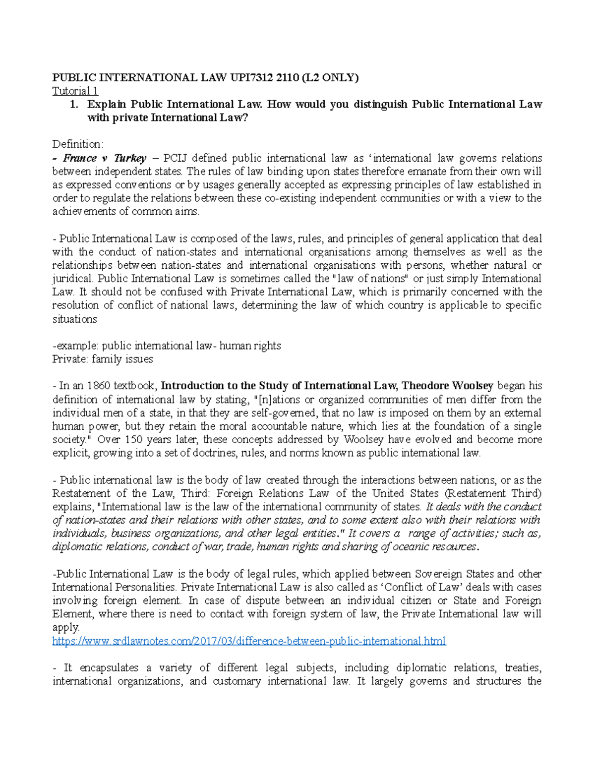 PIL Tutorial 1 - PUBLIC INTERNATIONAL LAW UPI7312 2110 (L2 ONLY ...