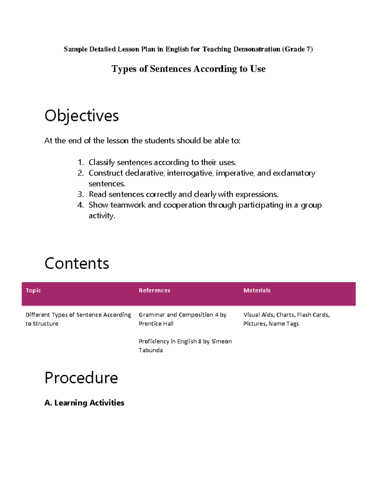 Sample Detailed Lesson Plan in English for Teaching Demonstration ...
