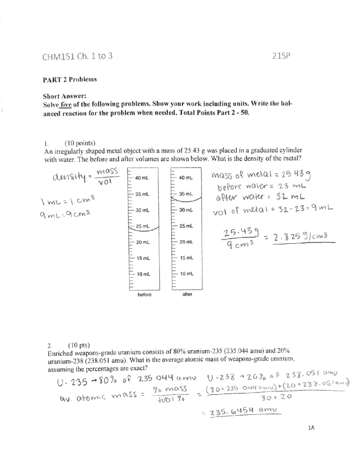 CHM exam - chem exam - CHM151 Ch. 1 to 3 21SP PART 2 Problems Short ...