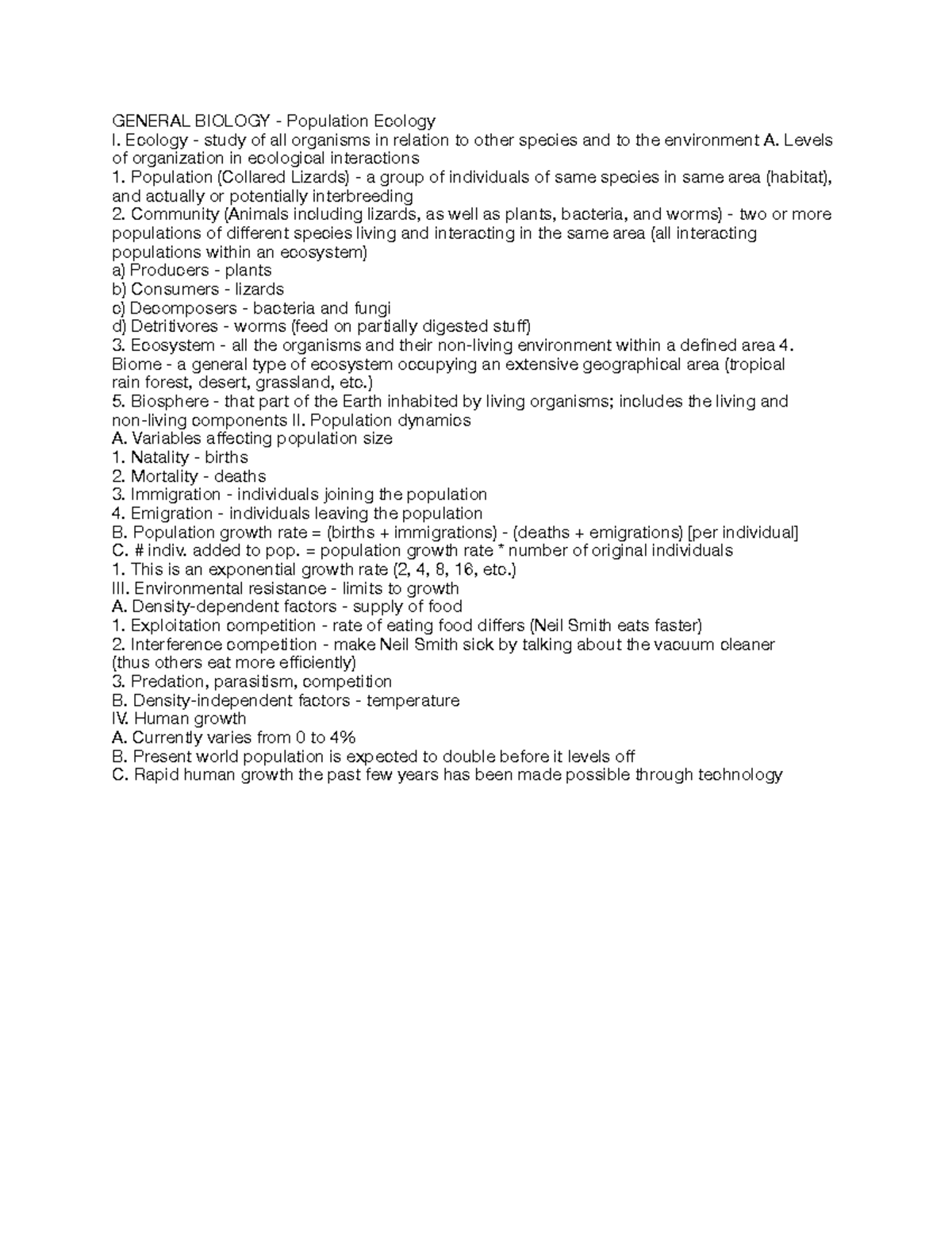 Bio 11 - Notes - GENERAL BIOLOGY - Population Ecology I. Ecology ...