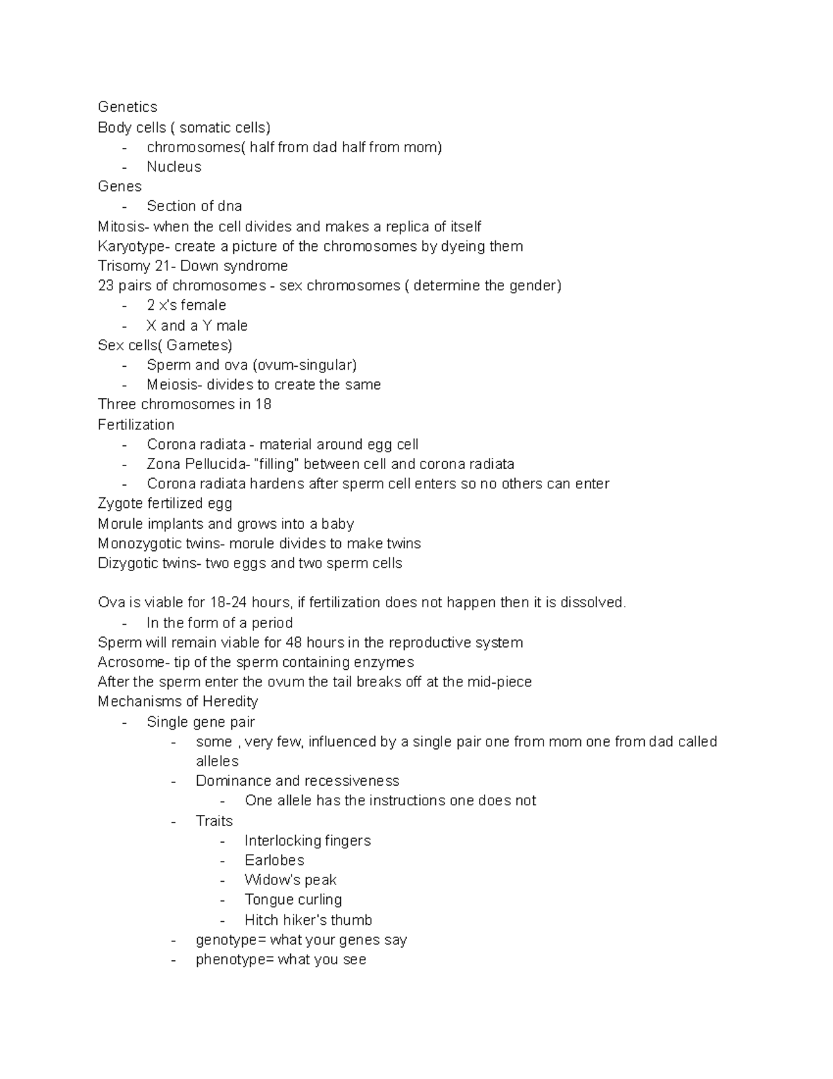 CDE 232 lecture 3 notes - Genetics Body cells ( somatic cells ...