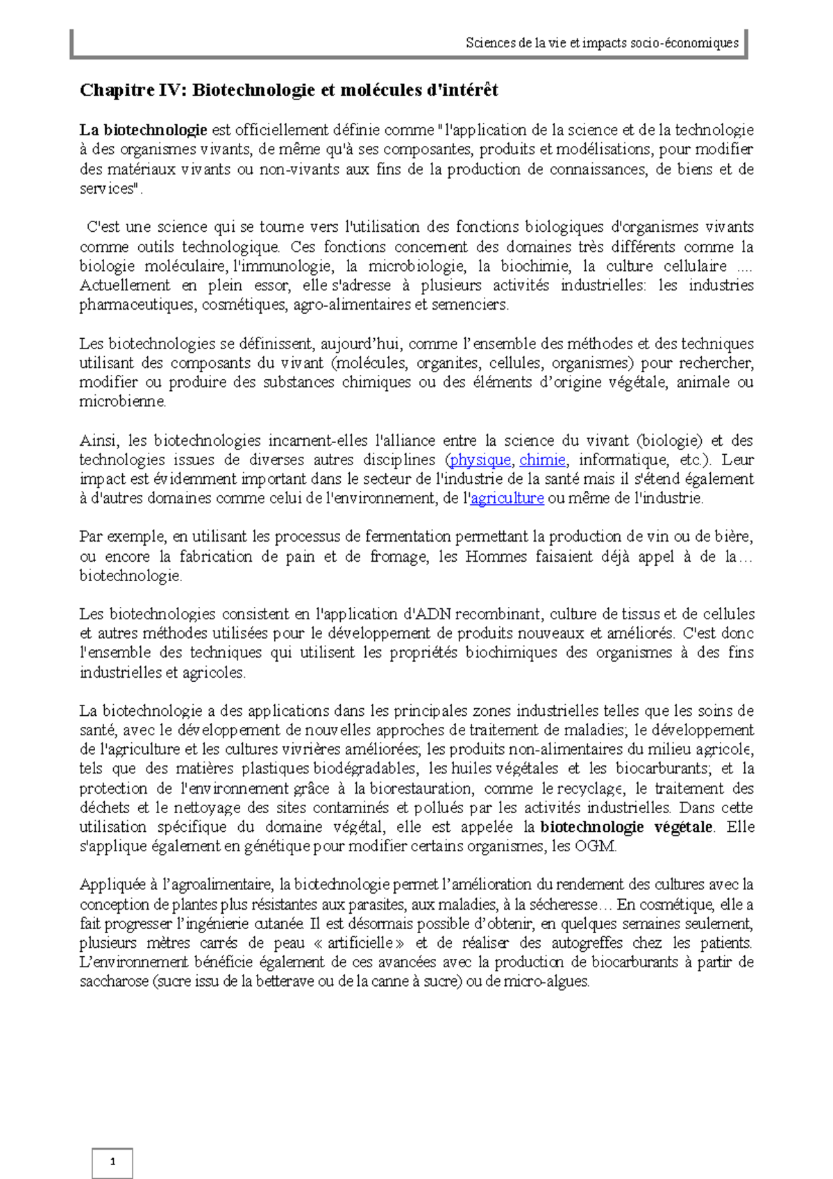 Chapitre 4 Sciences de la vie et impacts socio-économiques - Chapitre IV: Biotechnologie et ...