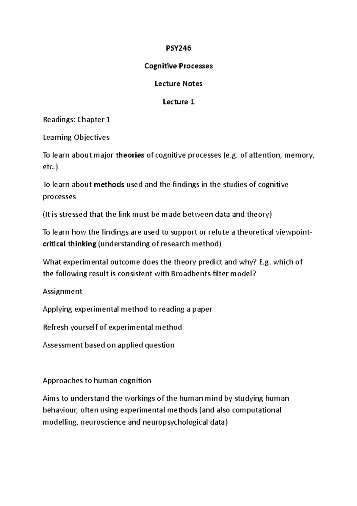 Psy246 Cognitive Processes Lecture Notes Psy Cognitive Processes Lecture Notes Lecture 1