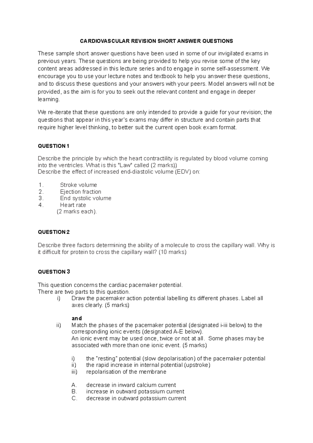 Cardiovascular SAQs - Questions - CARDIOVASCULAR REVISION SHORT ANSWER ...