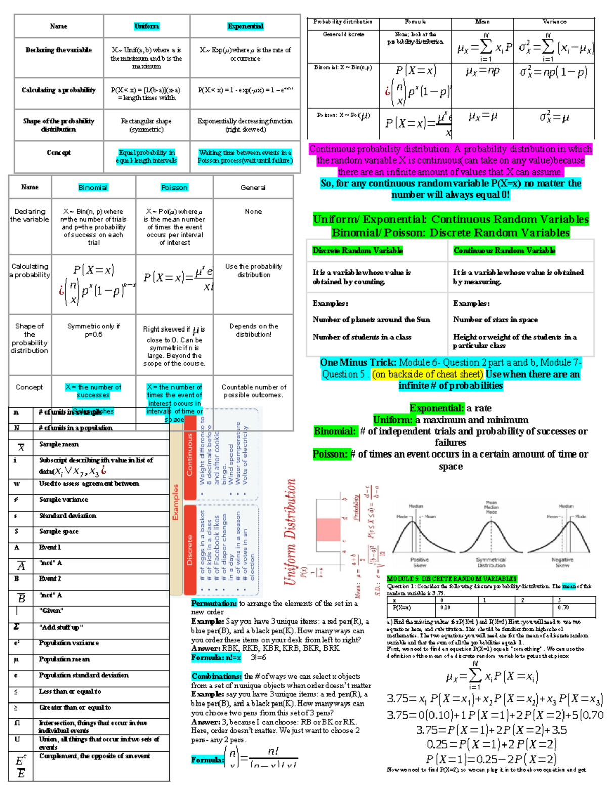 COMM 104 cheat sheet test 2 - Probability distribution Formula Mean ...