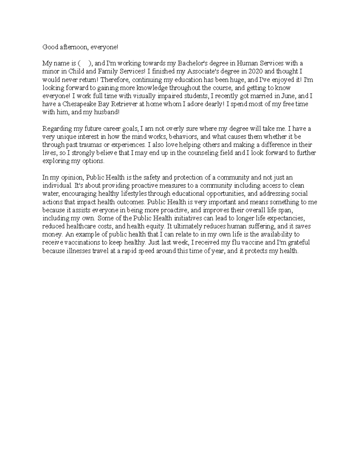 Discussion 1 Example - Good afternoon, everyone! My name is ( ), and I ...