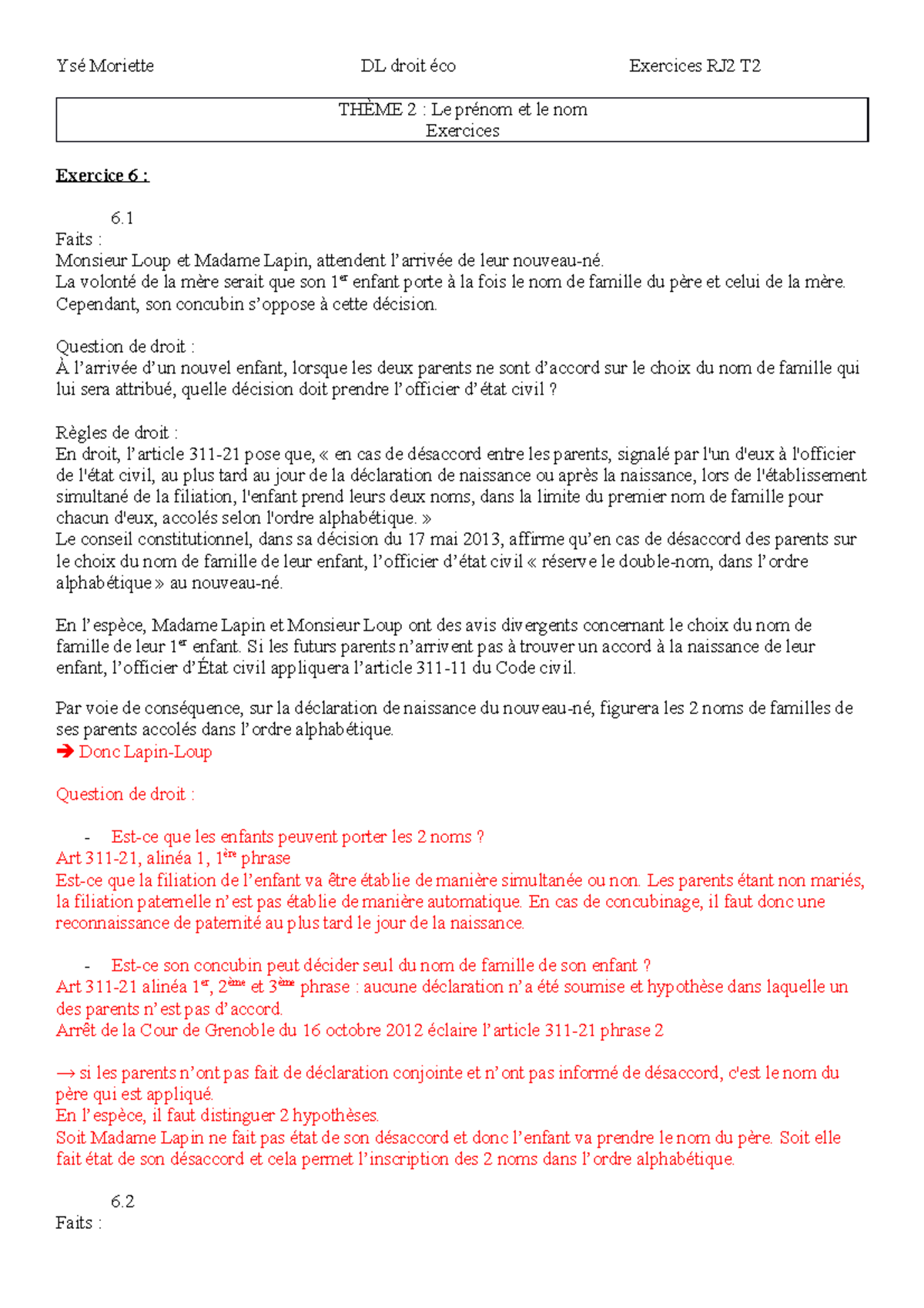 Exo 6+7 RJ2 - exercice RJ S1 L1 - Ysé Moriette DL droit éco Exercices ...