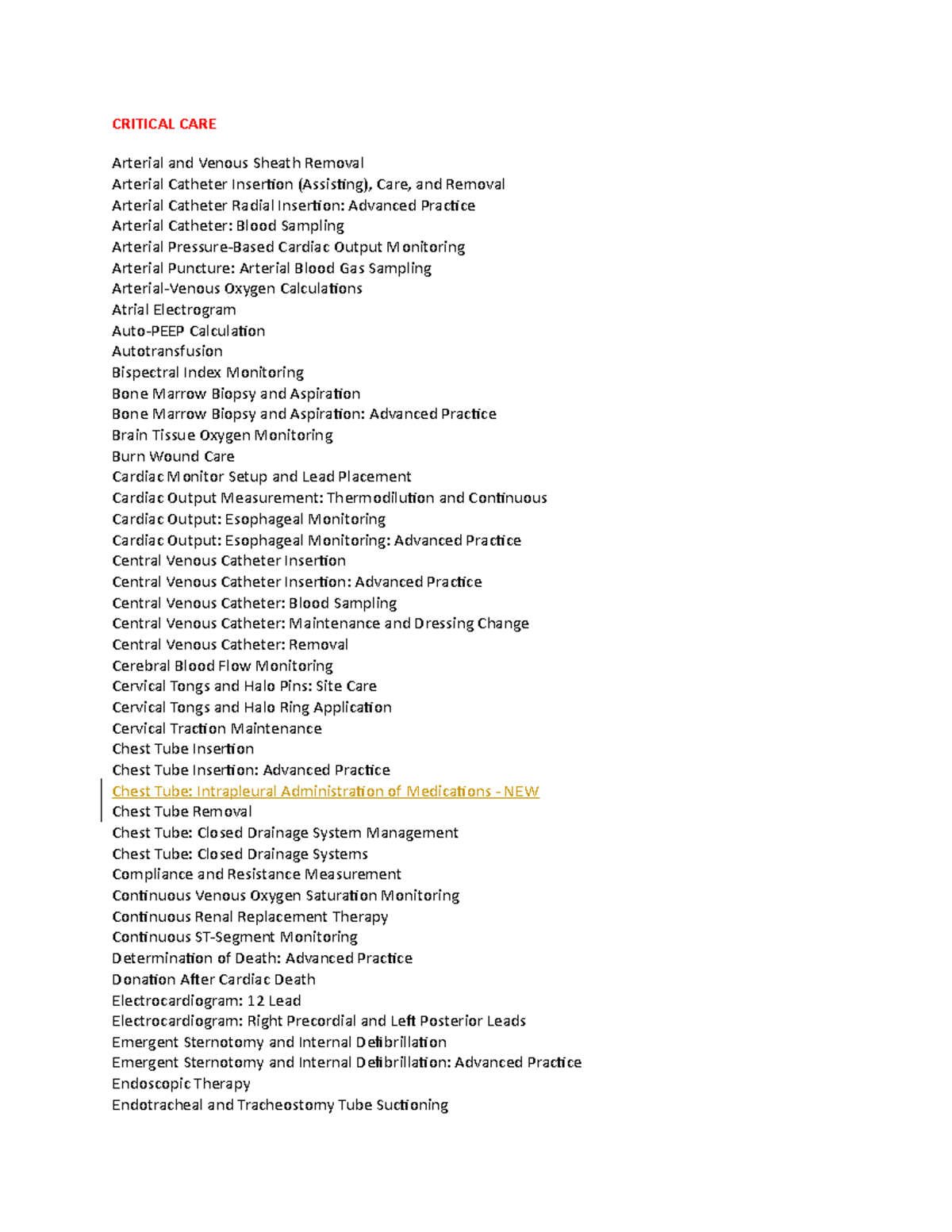 Critical Care TOC 2019 - skills list - CRITICAL CARE Arterial and ...