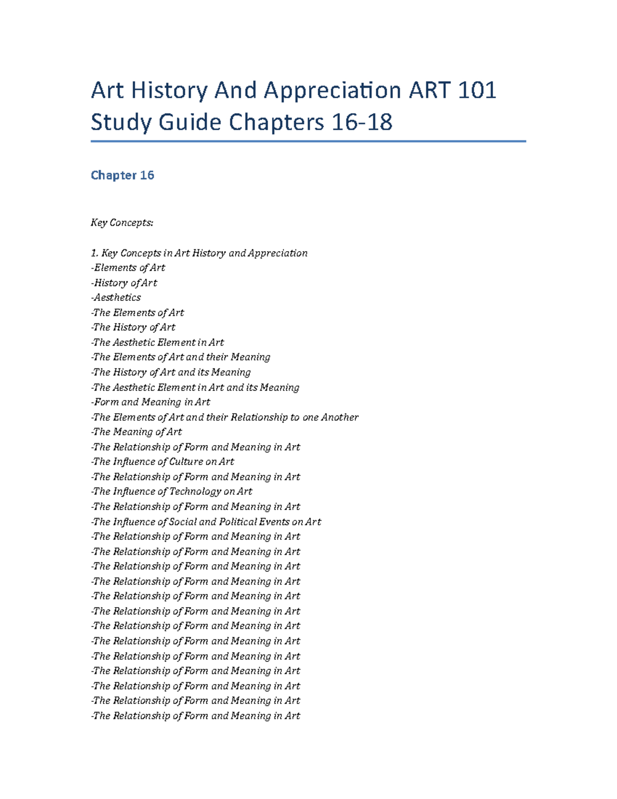 Art History And Appreciation ART 101 Study Guide Chapters 16-18 - R ...