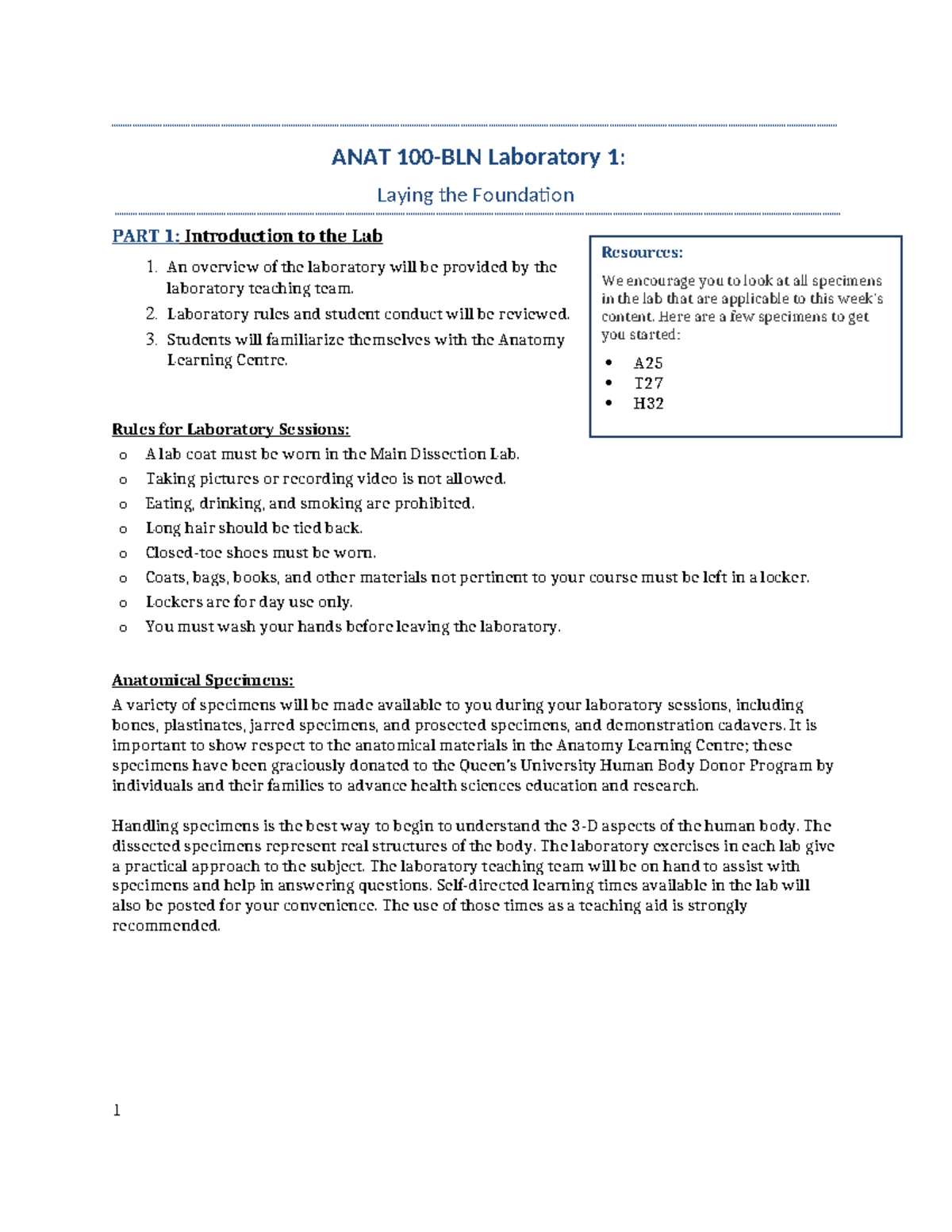 ANAT 100 Lab 1 - ANAT 100-BLN Laboratory 1: Laying the Foundation PART 1: Introduction to the ...