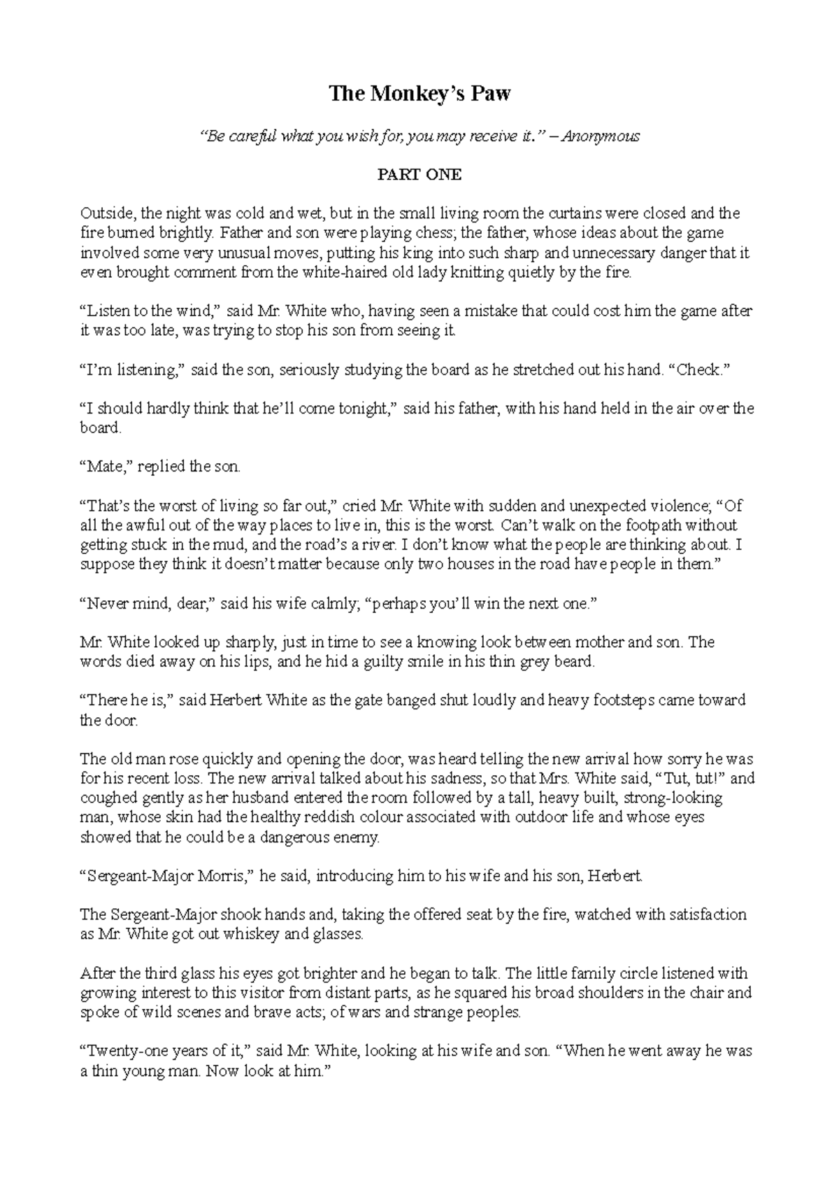 The Monkeys Paw - text - LECTURA - The Monkey’s Paw “Be careful what ...