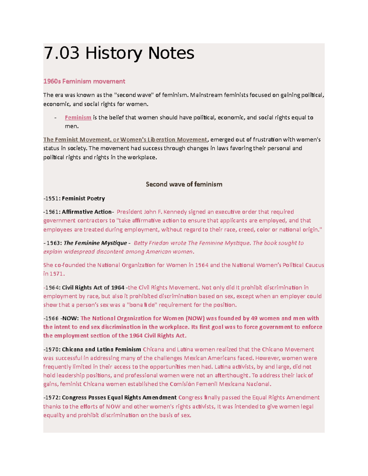 7.03 - 7.04 History Notes - 7 History Notes 1960s Feminism movement The ...