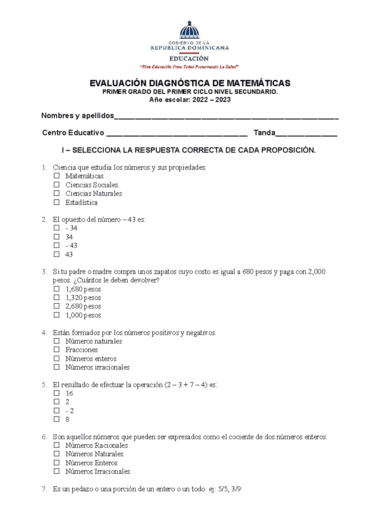 Evaluación Diagnóstica DE Matemáticas - EVALUACIÓN DIAGNÓSTICA DE ...