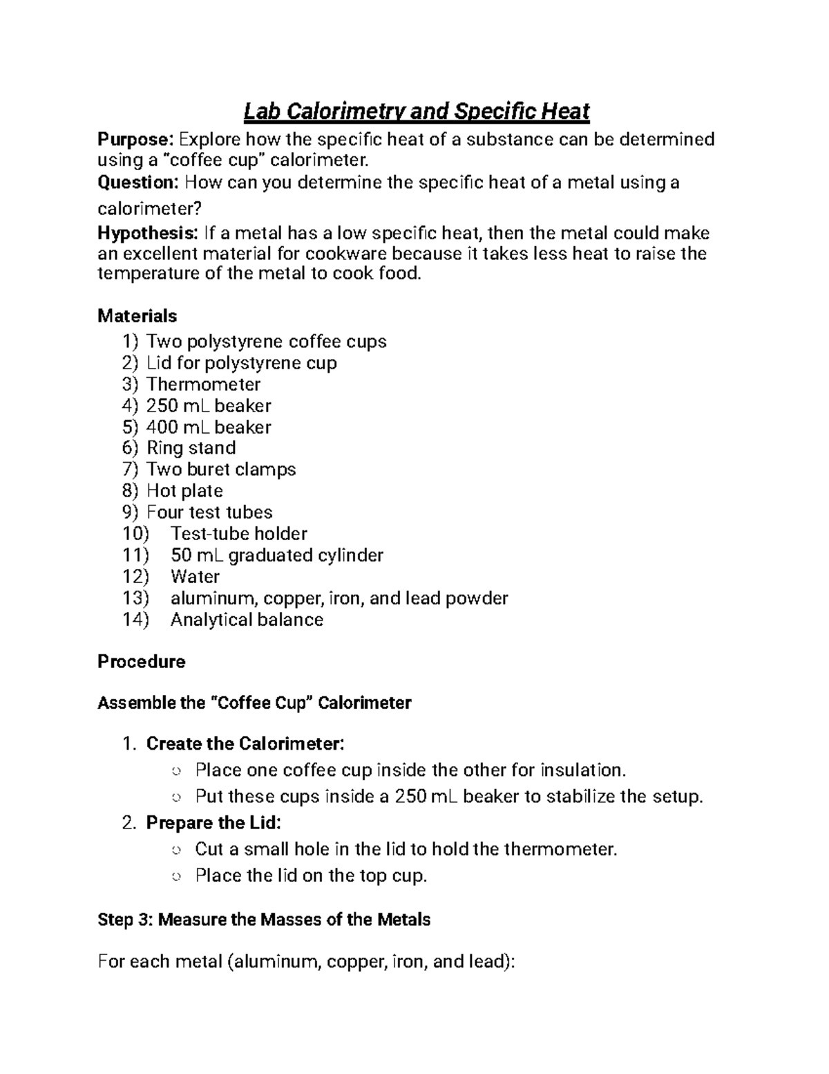 Lab Calorimetry and Specific Heat - Lab Calorimetry and Specific Heat ...