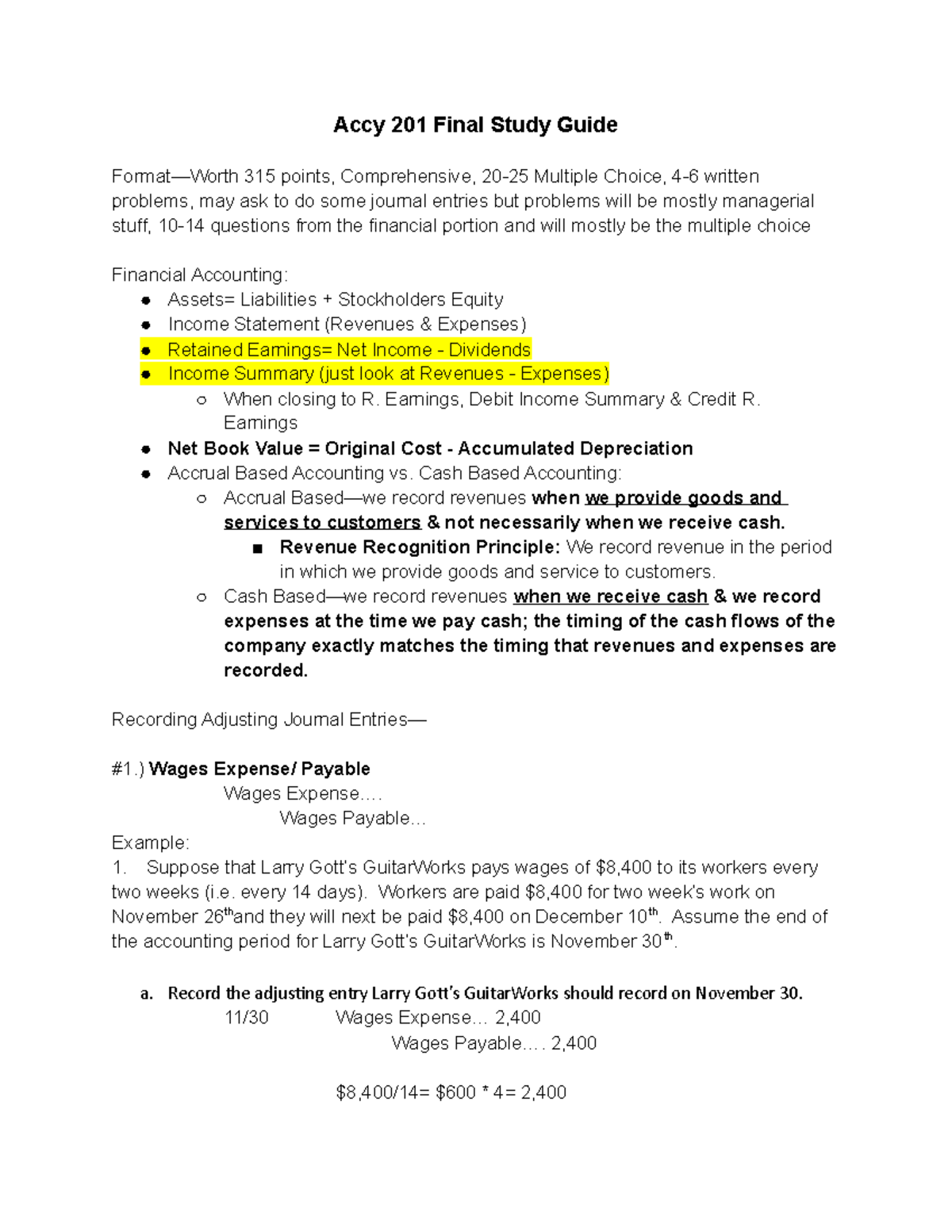 Accy 201 Final Study Guide - Accy 201 Final Study Guide Format—Worth ...