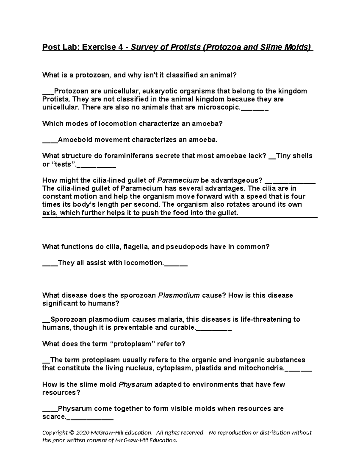 Lab Report 4 Survey of Protists Protozoa and Slime Molds -1 - Post Lab: Exercise 4 - Survey of ...