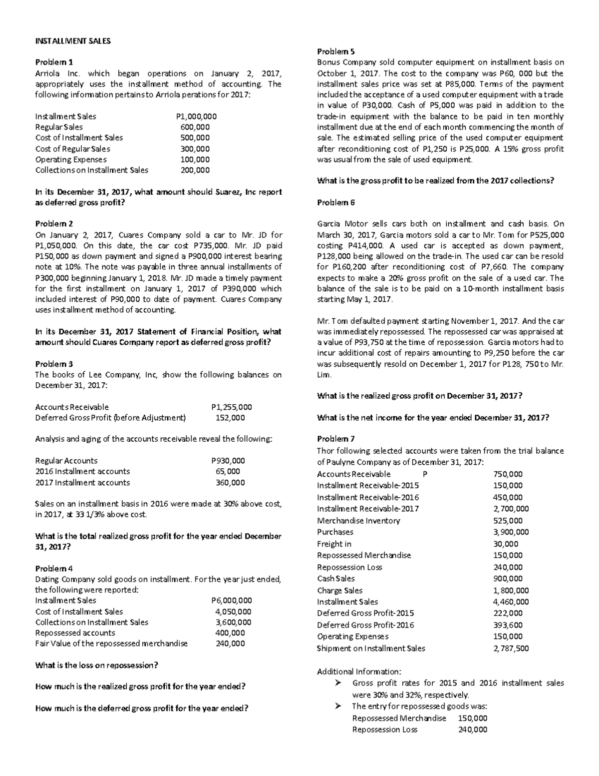 Pdfcoffee - None - INSTALLMENT SALES Problem 1 Arriola Inc. which began operations on January 2 ...