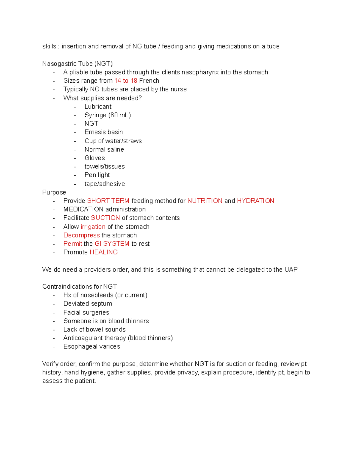 NUR 111 NGT insertion and med admin - skills : insertion and removal of ...