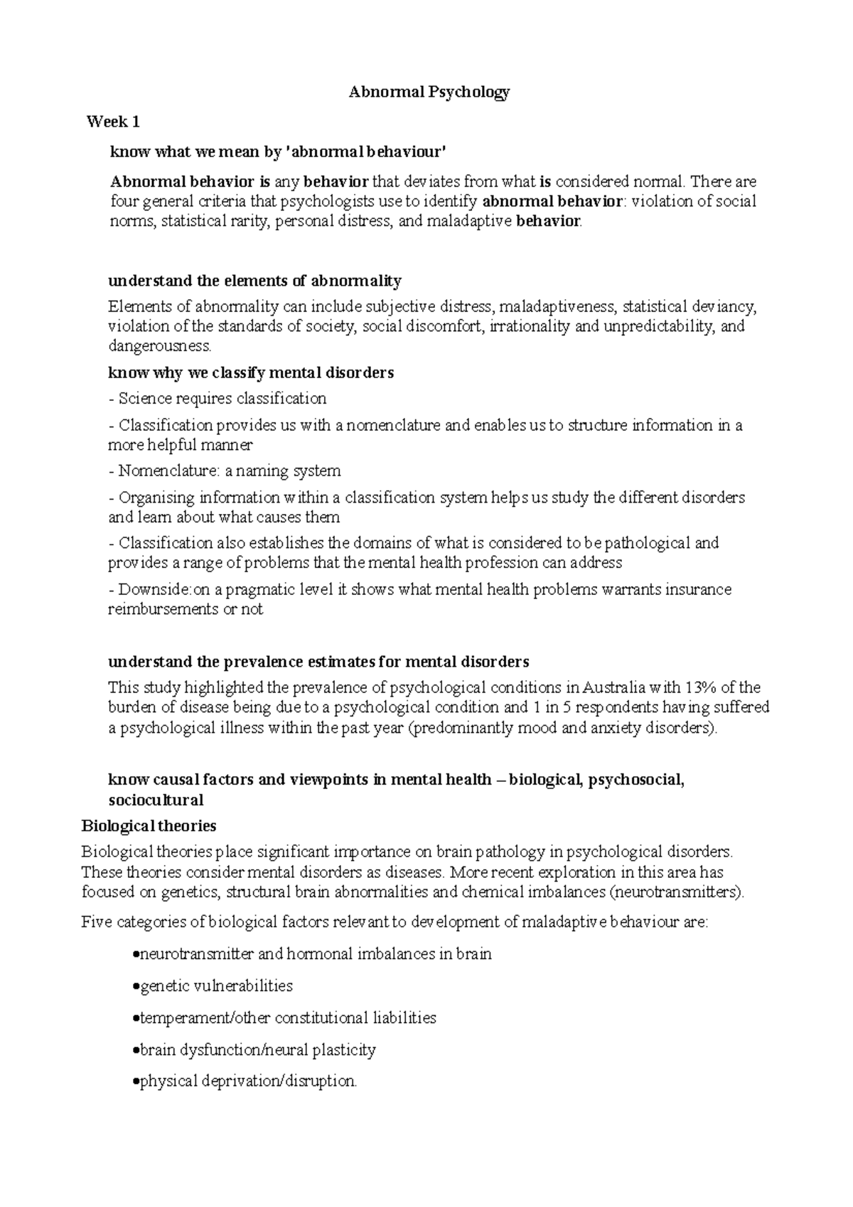 Abnormal Psych Revision Semester 1 2018 - Abnormal Psychology Week 1 ...